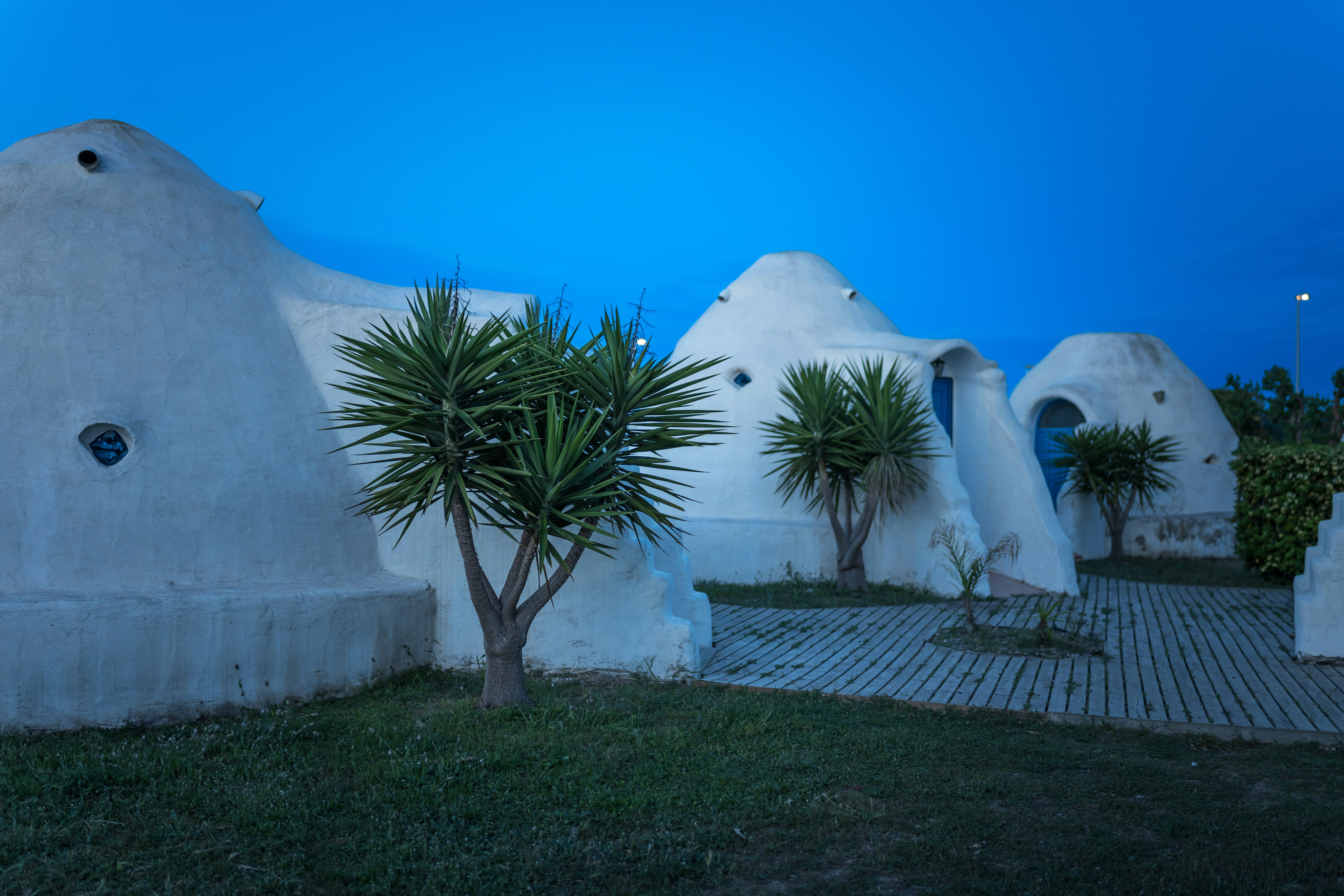 Unique architectural structures with rounded forms and palm trees under a twilight sky. The scene evokes a serene, tranquil atmosphere.