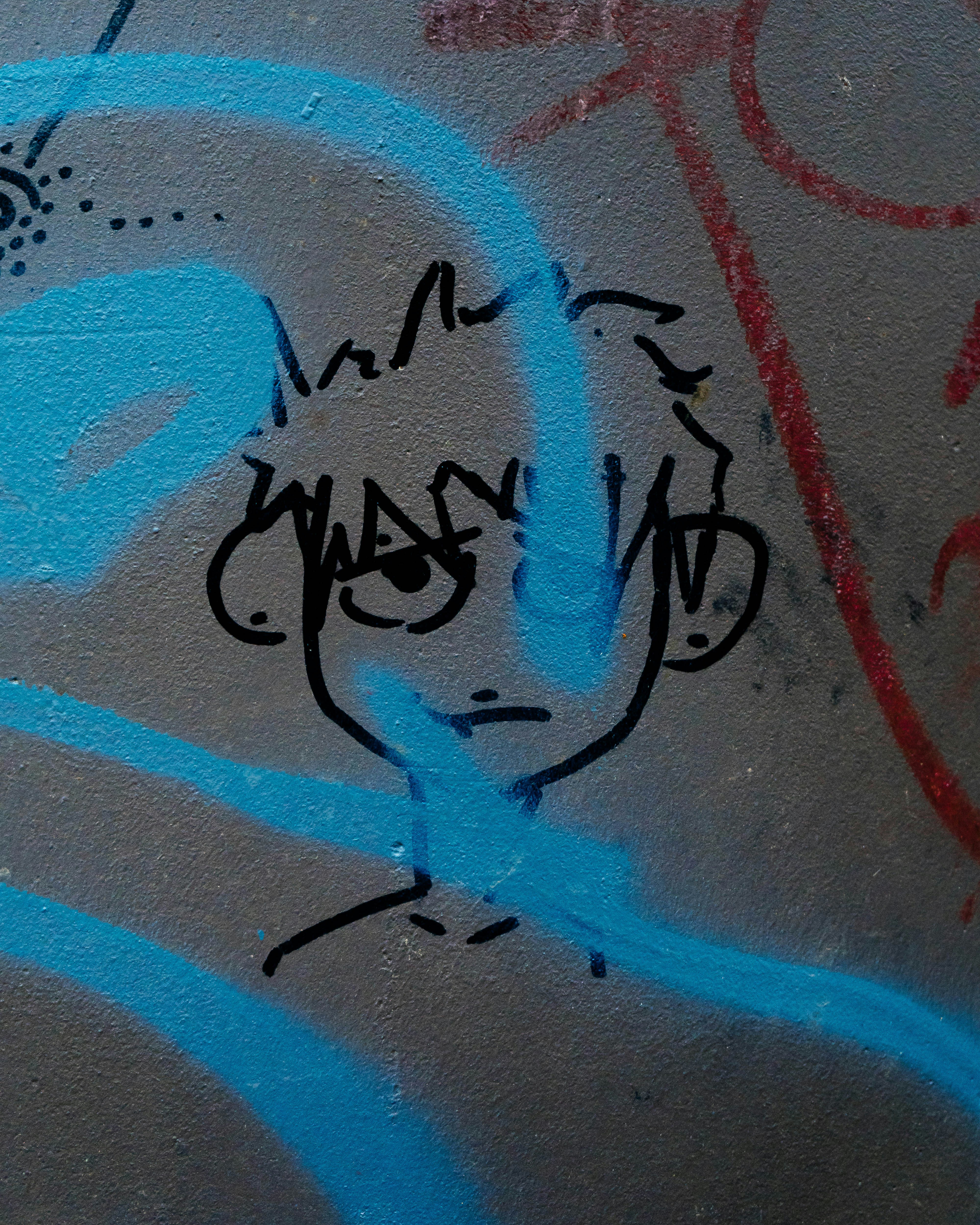 Blue Graffiti Portrait: A Stoic Cartoon Face Bordered by Neon Swirls