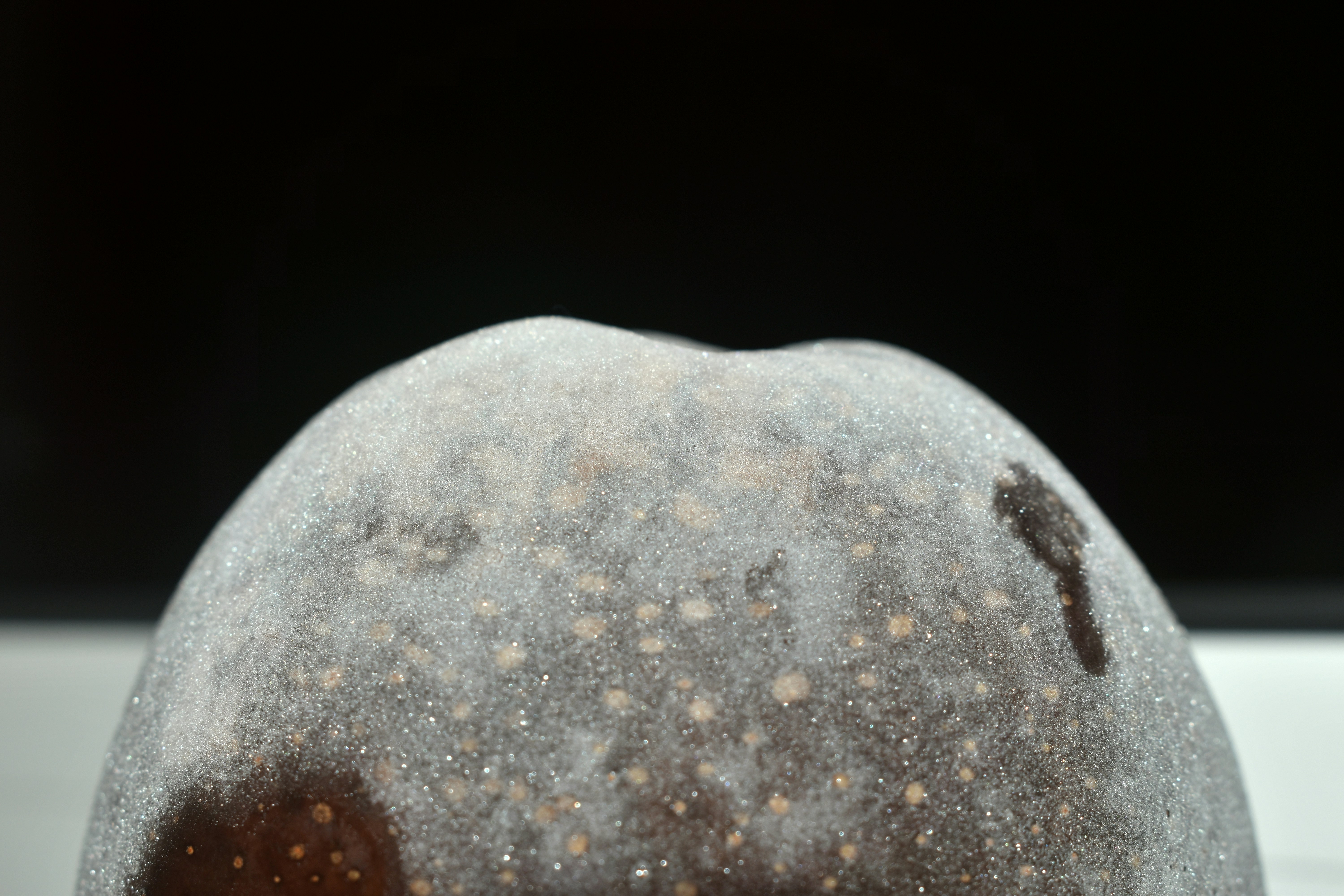 Close-up of a textured surface resembling a celestial body, speckled with fine particles against a dark backdrop.