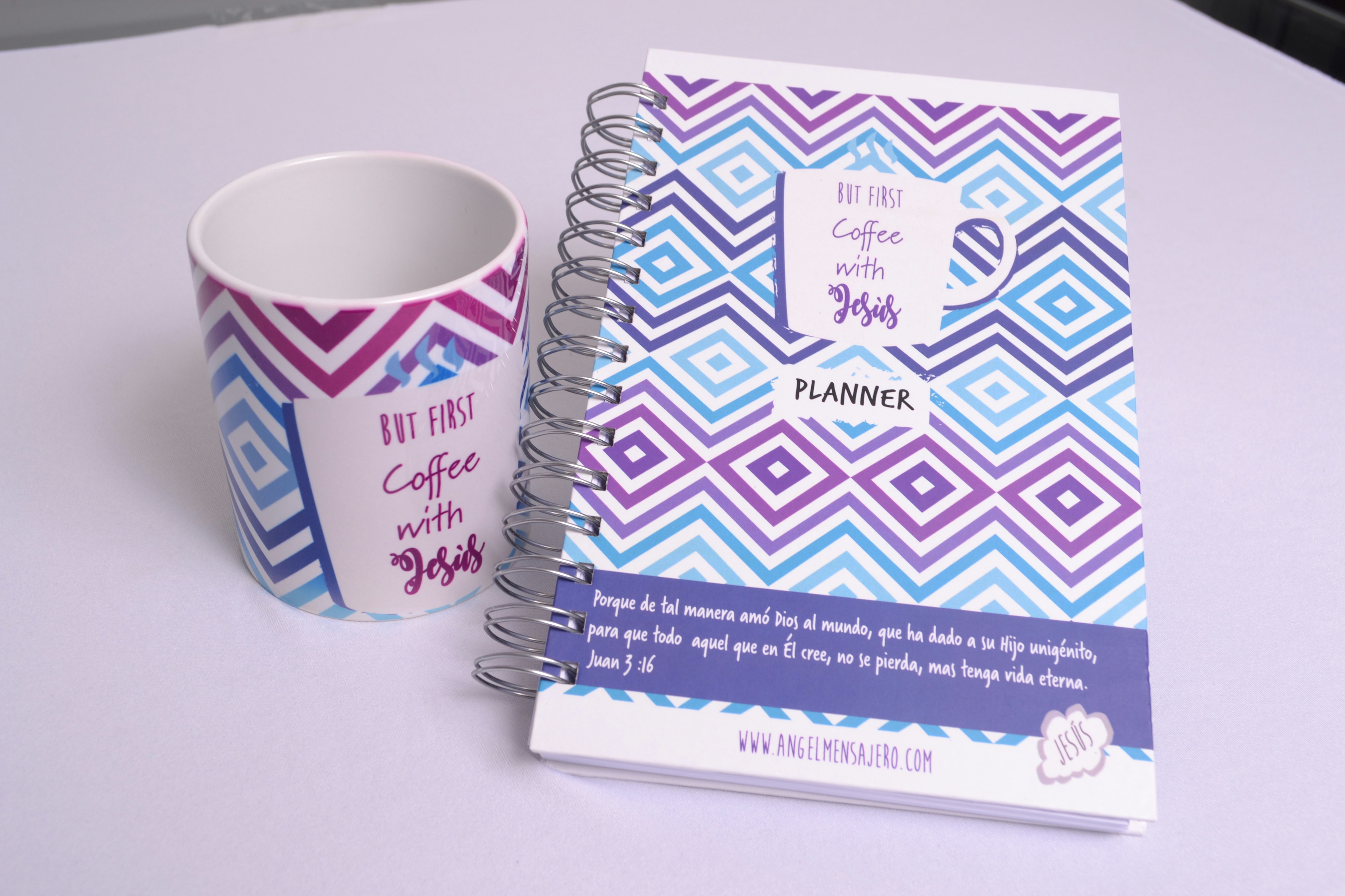 Geometric Calm: Planner and Mug in a Soft Purple-Blue Palette