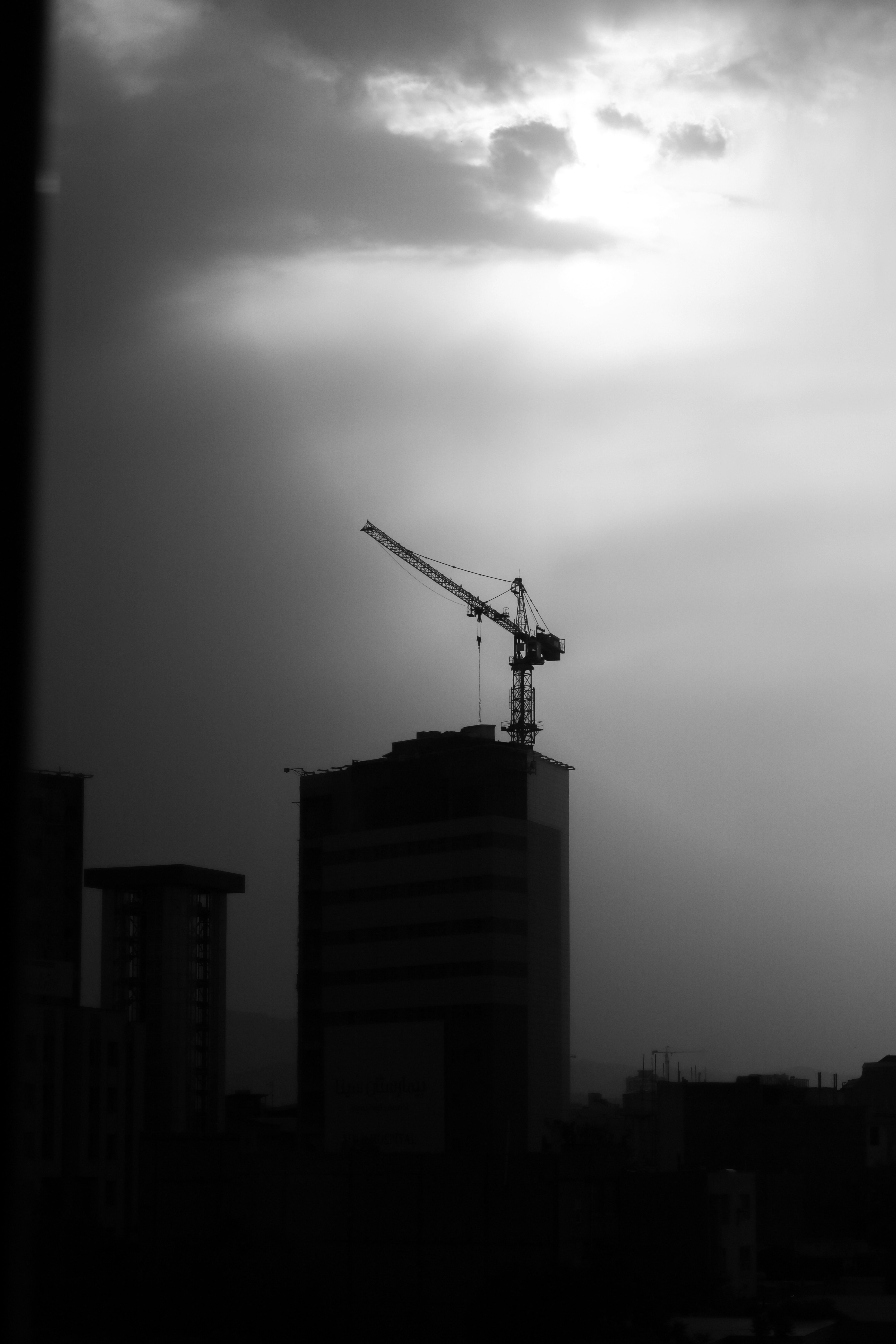 Shadow Crane at Dusk: A High-Ral Crane Crowned Above a Silhouette City