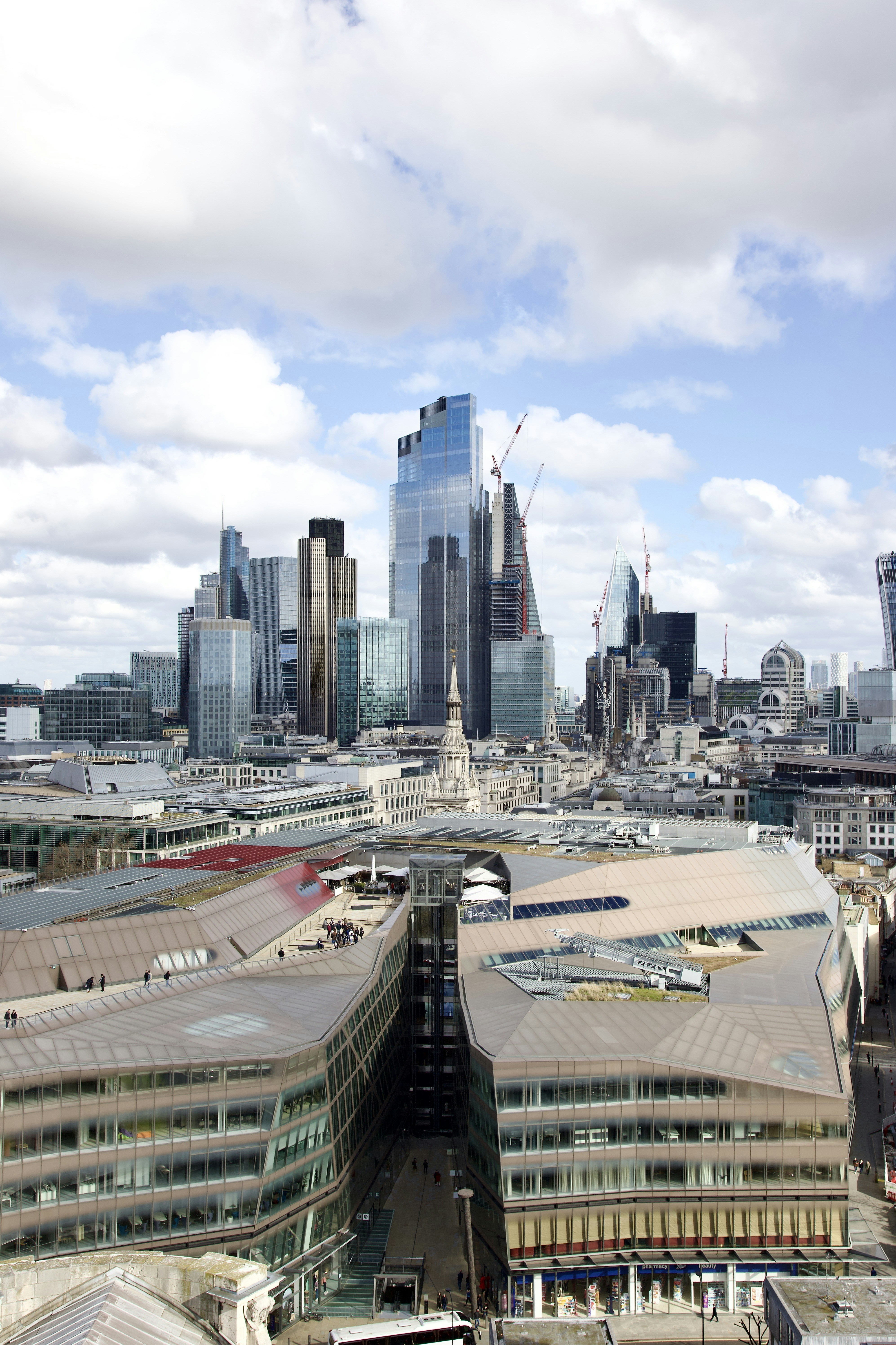 Skyline Convergence: Towering Glass Meets Cloudy Sky