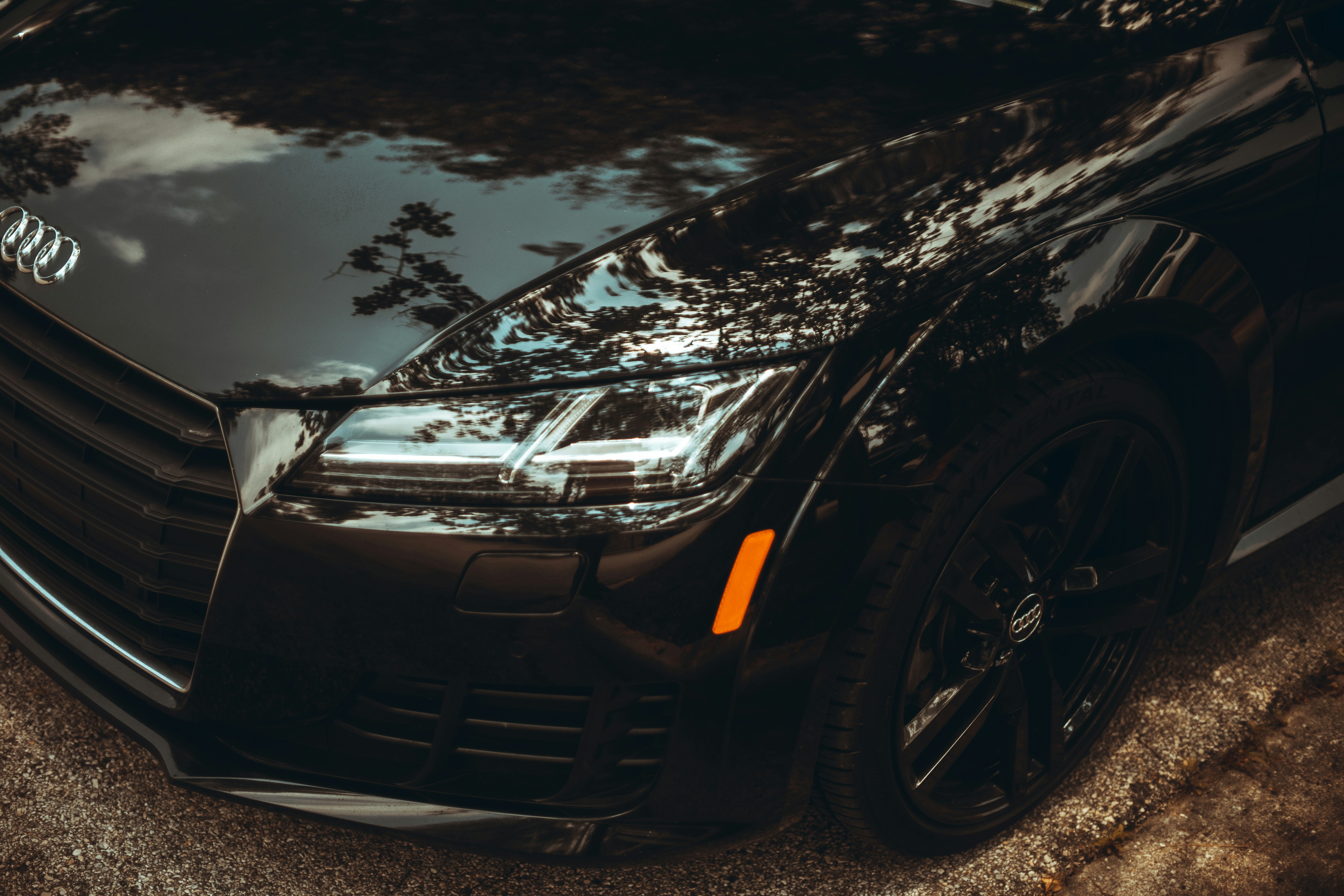 Close-up of a sleek black Audi TT showcasing its distinctive headlights and reflections of surrounding trees.
