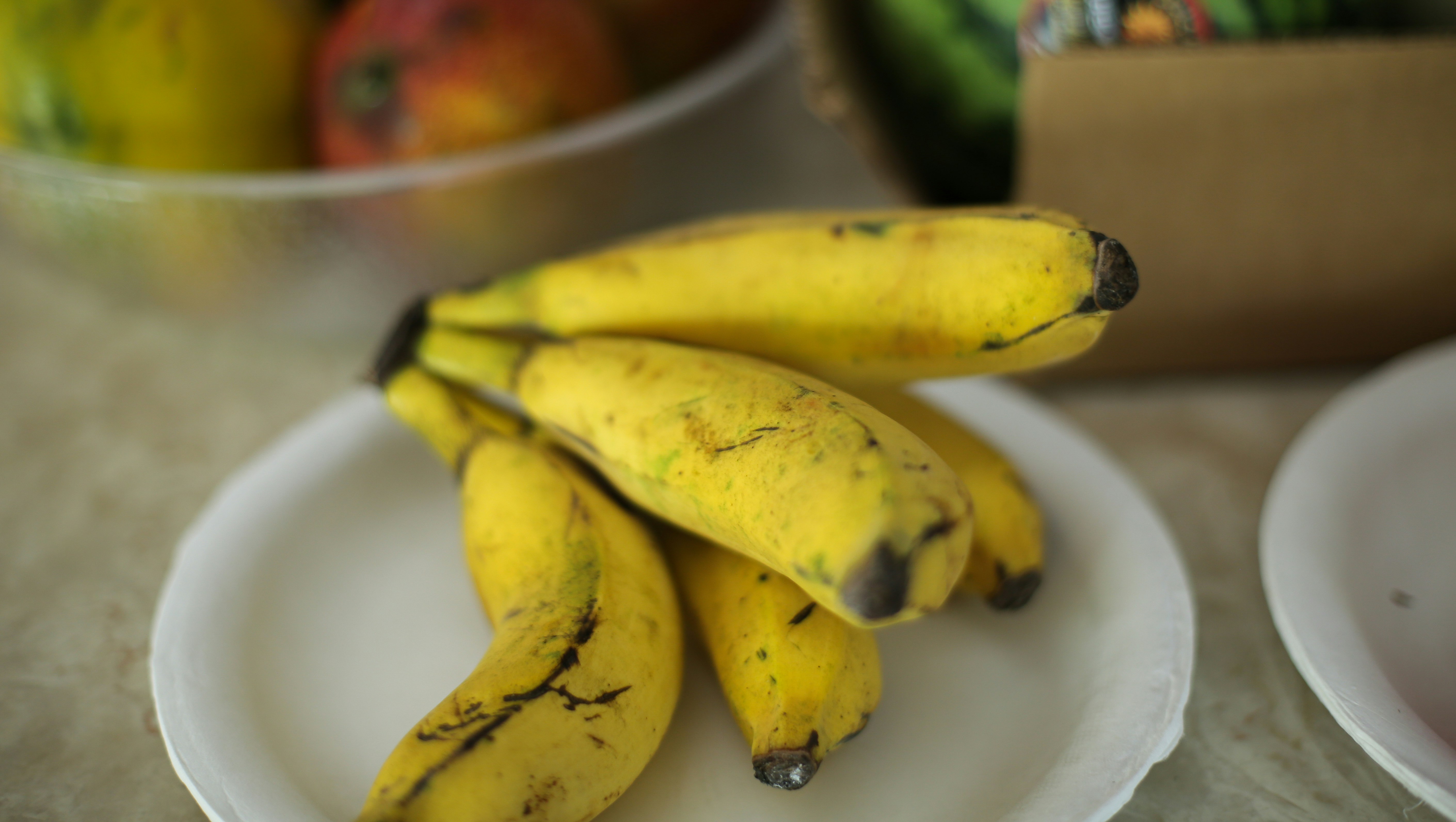 A bunch of bananas sitting on top of a white plate photo – Free Oahu ...