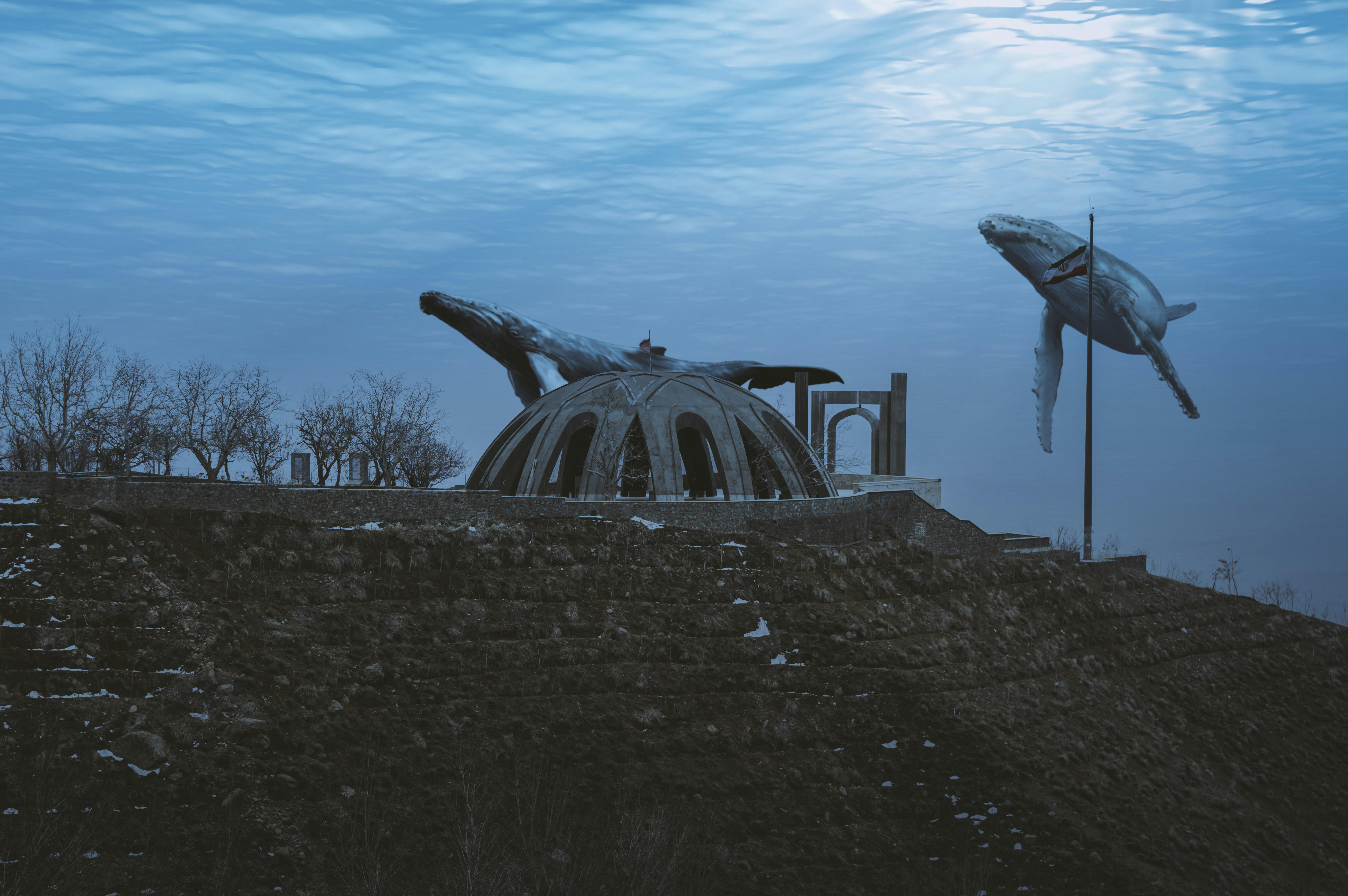 Blue Depths, Silent Dome: An Underwater Ruin Framed by a Leaping Metal Fish