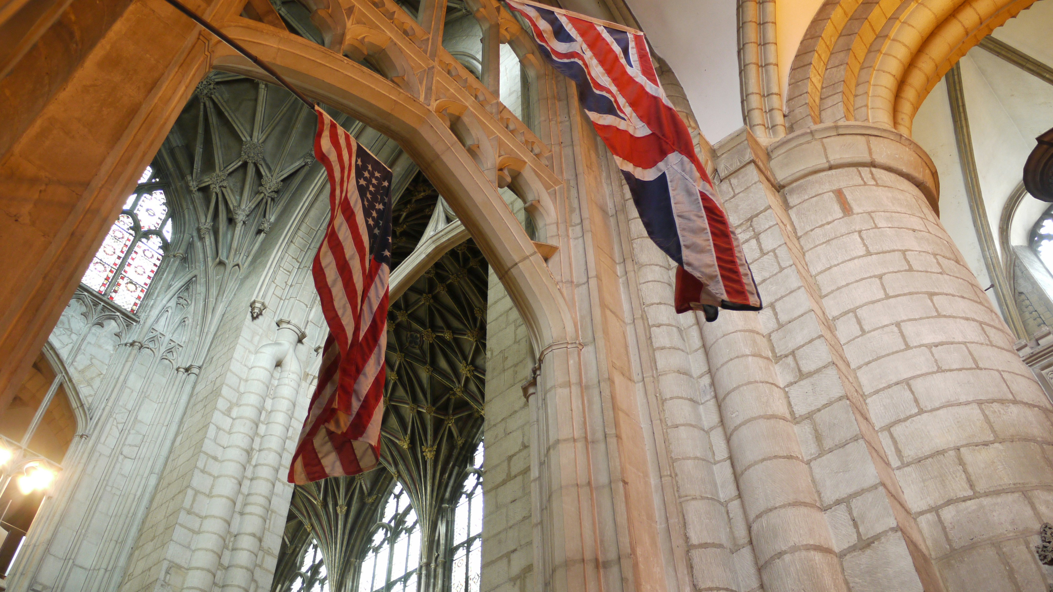 Great Britain and USA flags in cathedral 