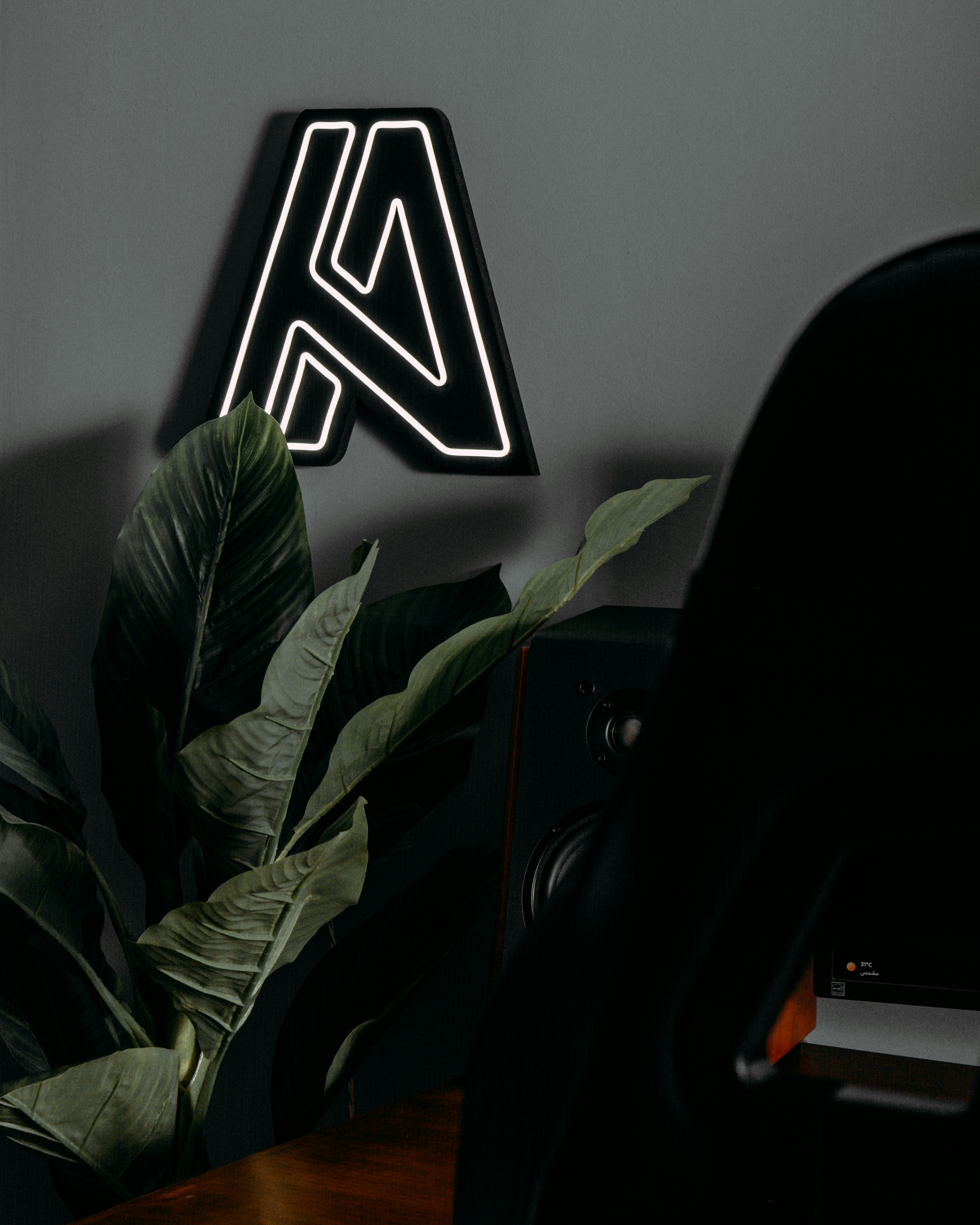 Illuminated geometric logo against a muted wall, complemented by lush green foliage. A modern workspace aesthetic.