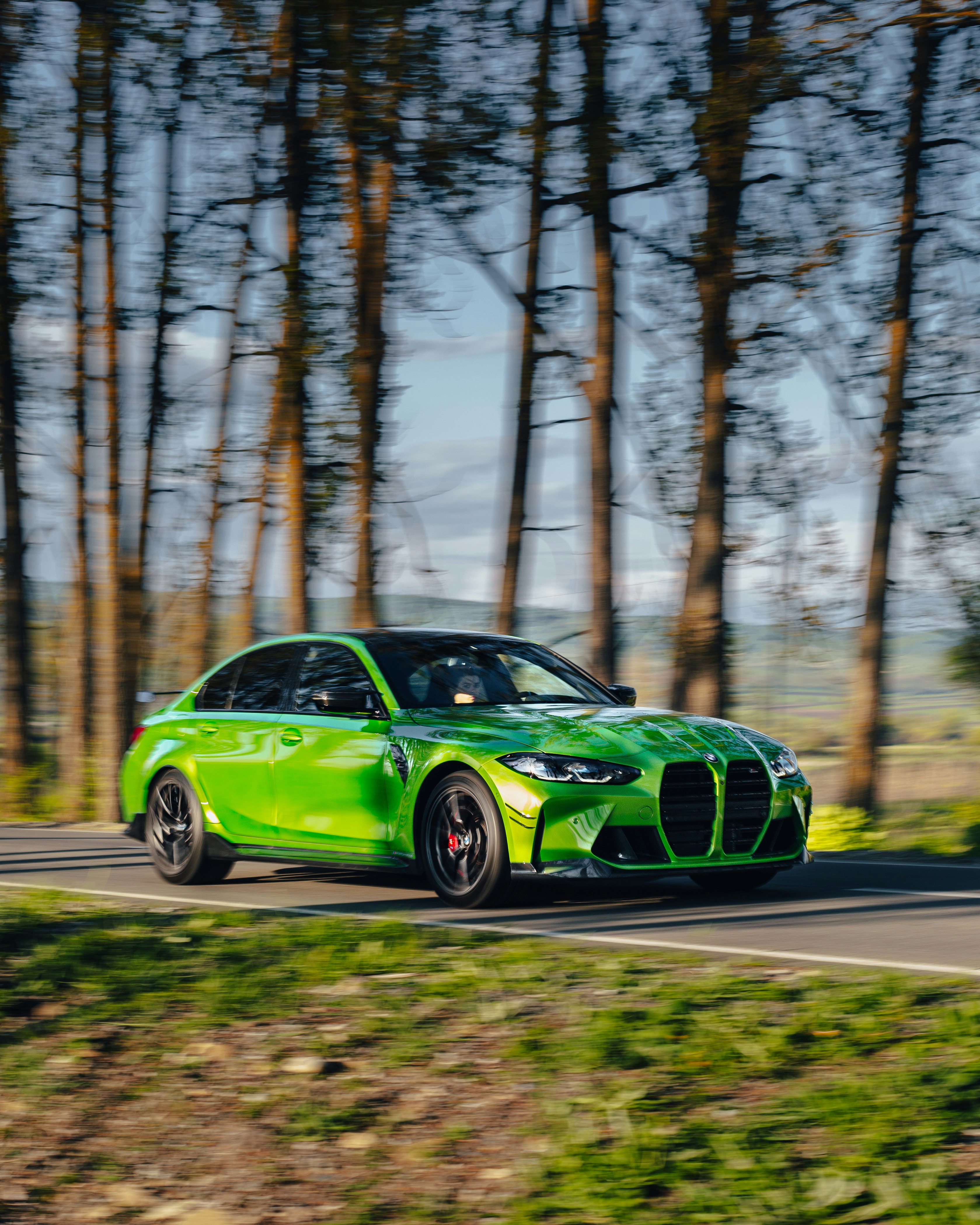 Neon-green M3 in motion: a chromatic dare on a tree-lined road