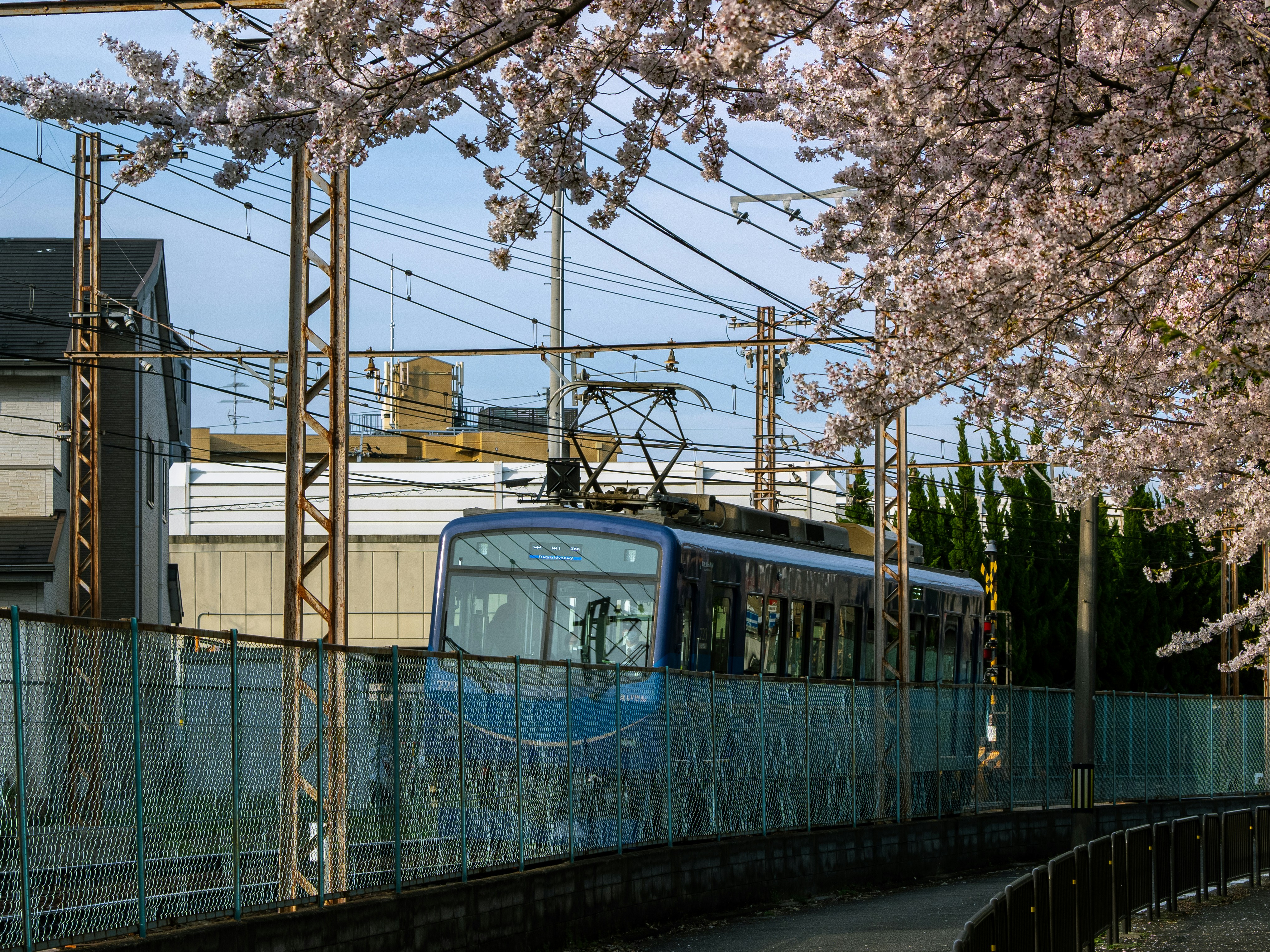 a blue and white train on a track next to a fence