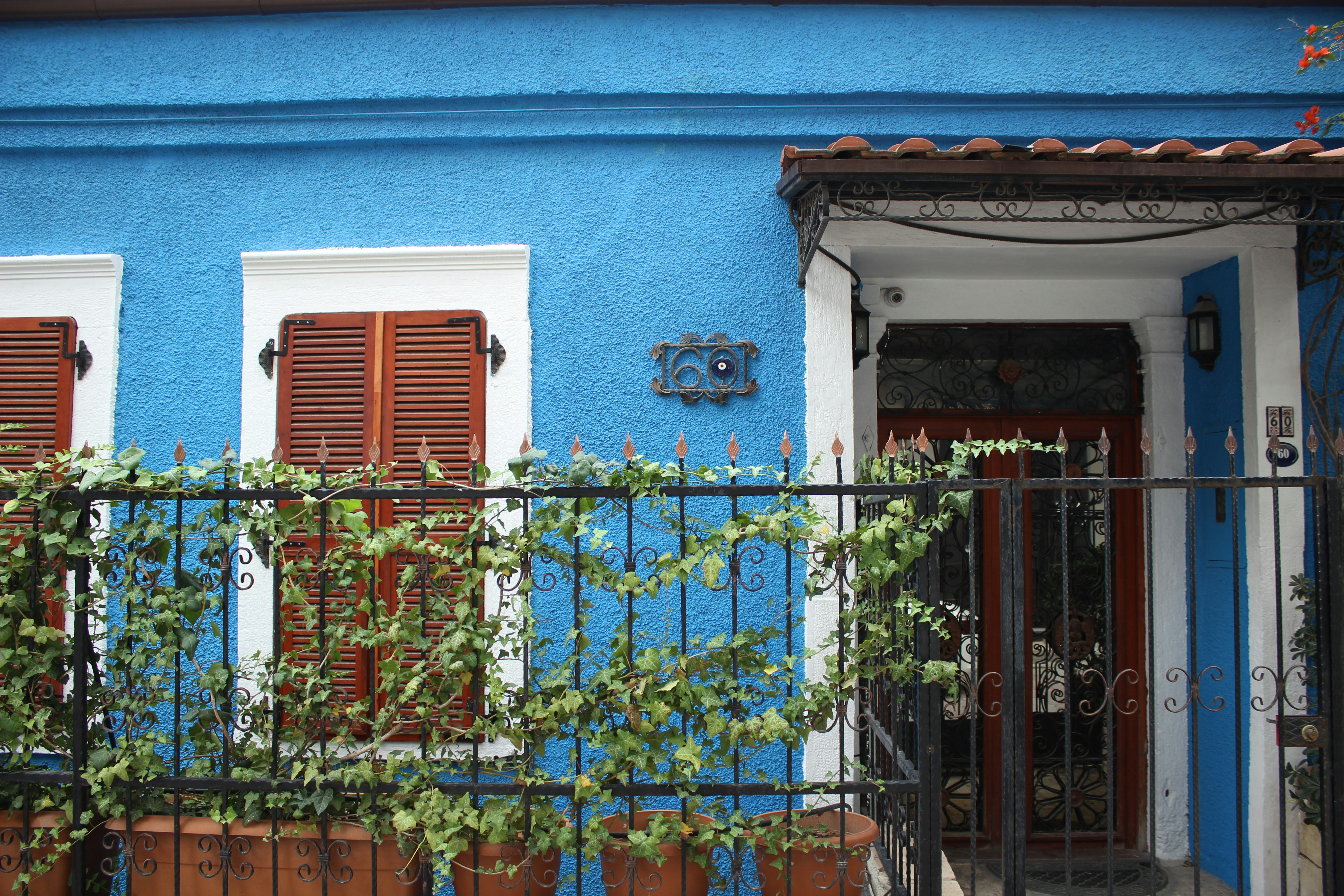 Un bâtiment bleu avec des volets rouges et une clôture en fer forgé ...