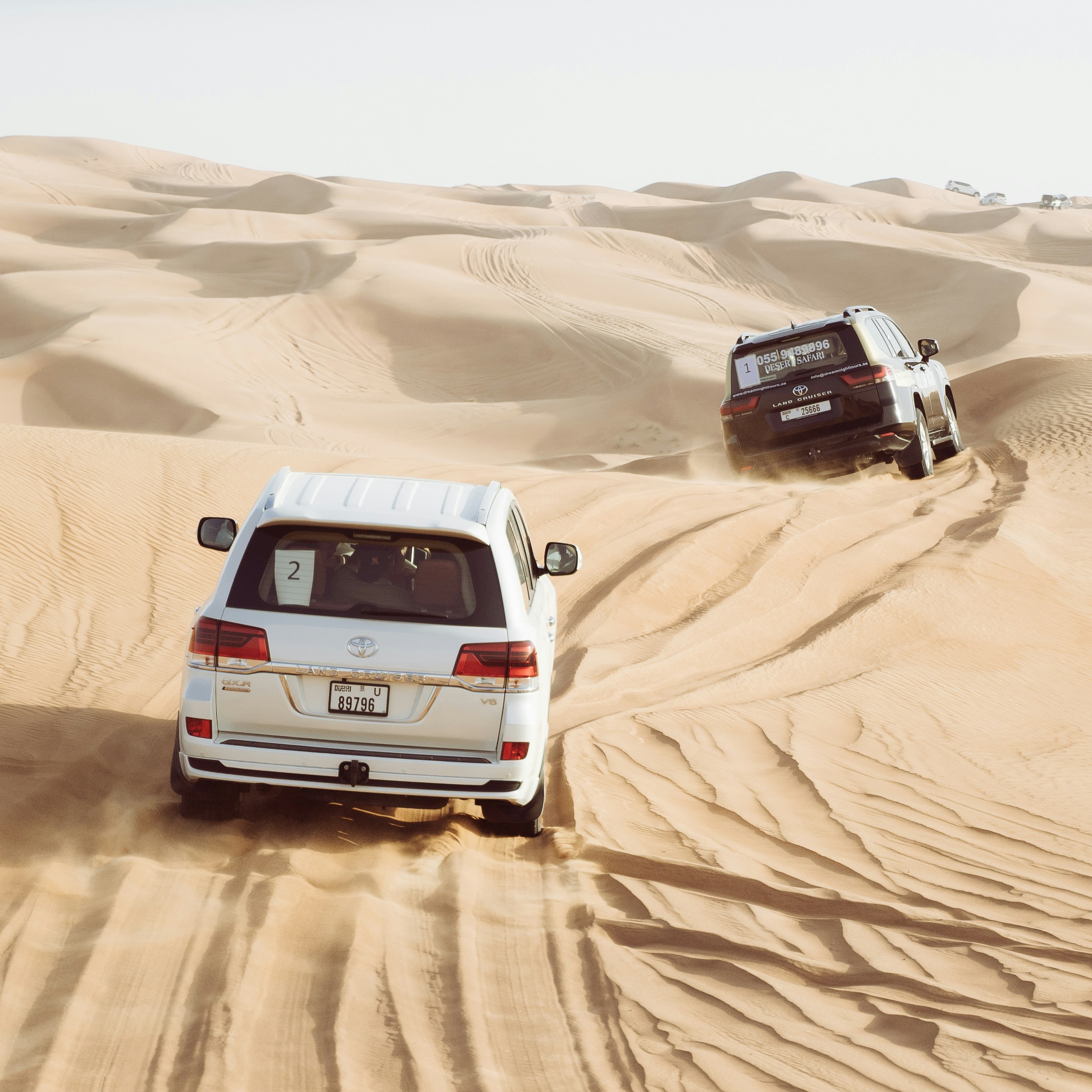 Two SUVs navigating through the undulating dunes of a desert landscape, leaving trails in the golden sand.
