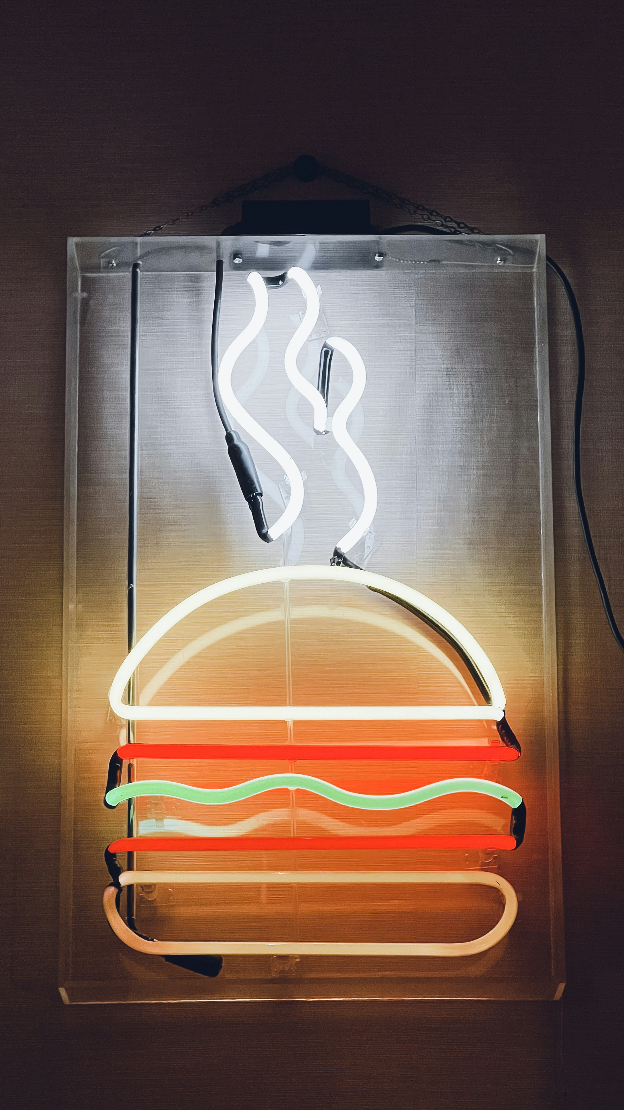 Neon Burger Sign in a Clear Frame