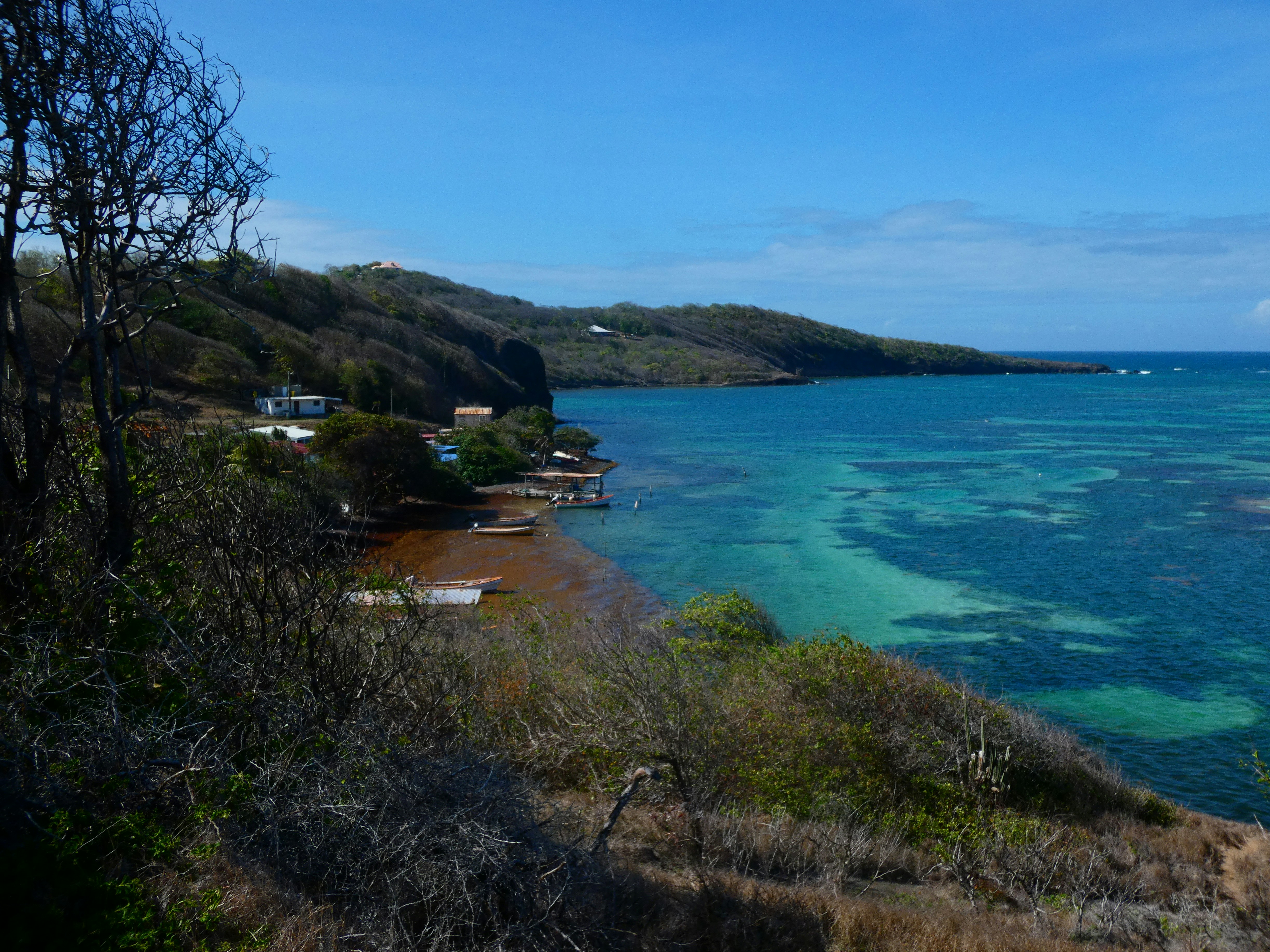 Coastal landscape showcasing vibrant turquoise waters and lush greenery, with small structures nestled along the shore. The scene evokes a sense of peace and natural beauty.