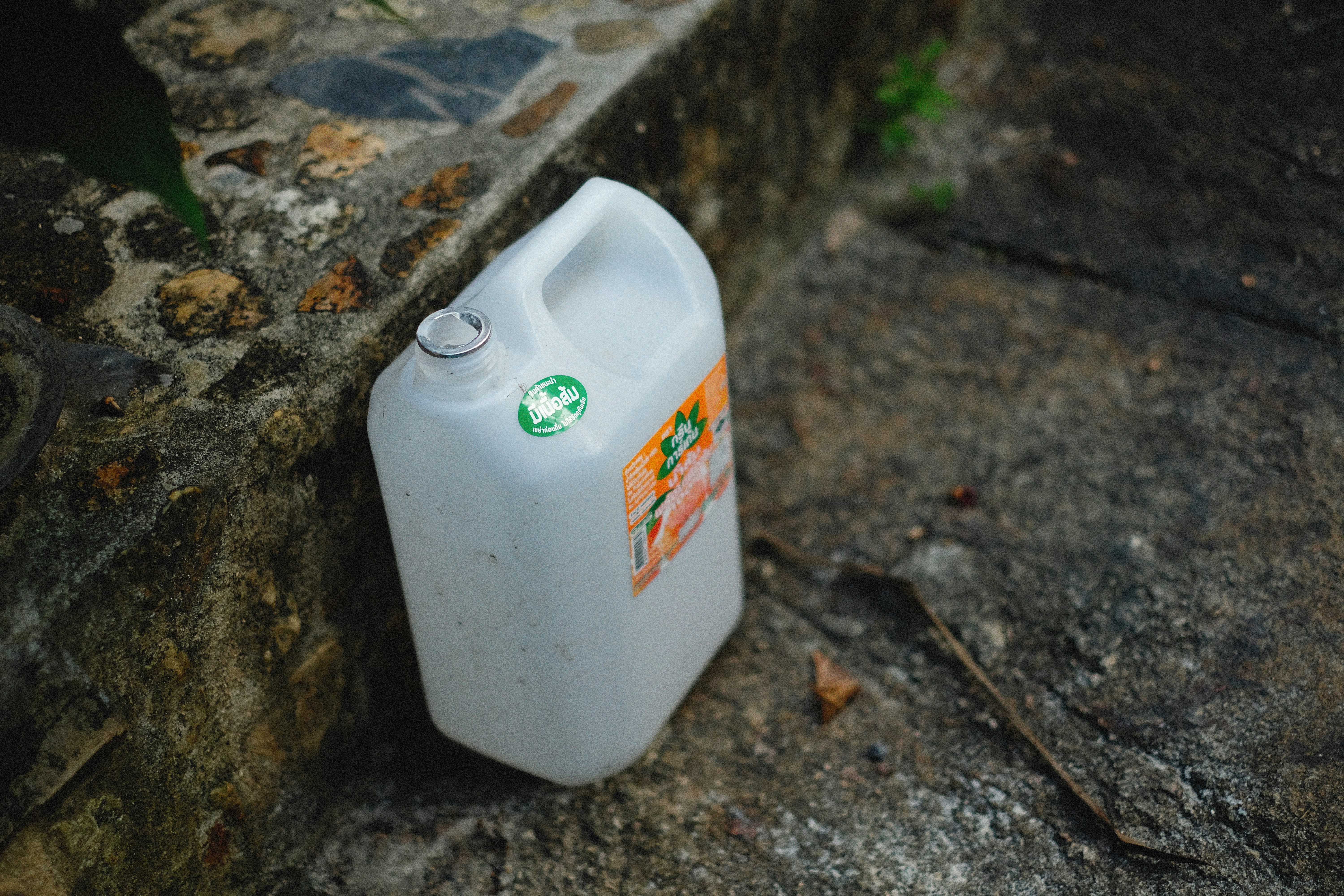 Weathered white jerry can rests beside a moss-streaked stone wall