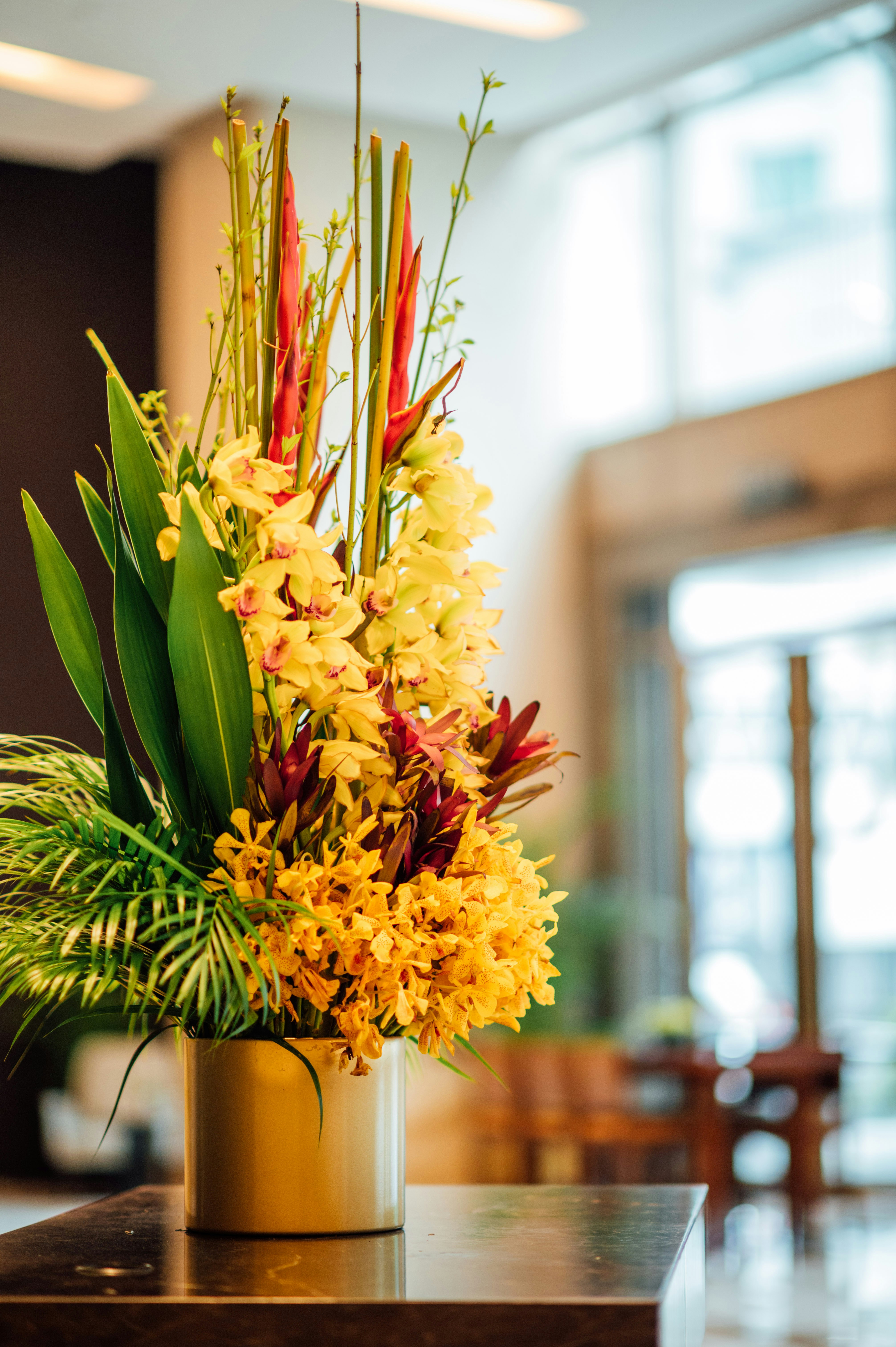 Sunlit Orchid Cascade in a Brass Vase Gracing a Modern Lobby