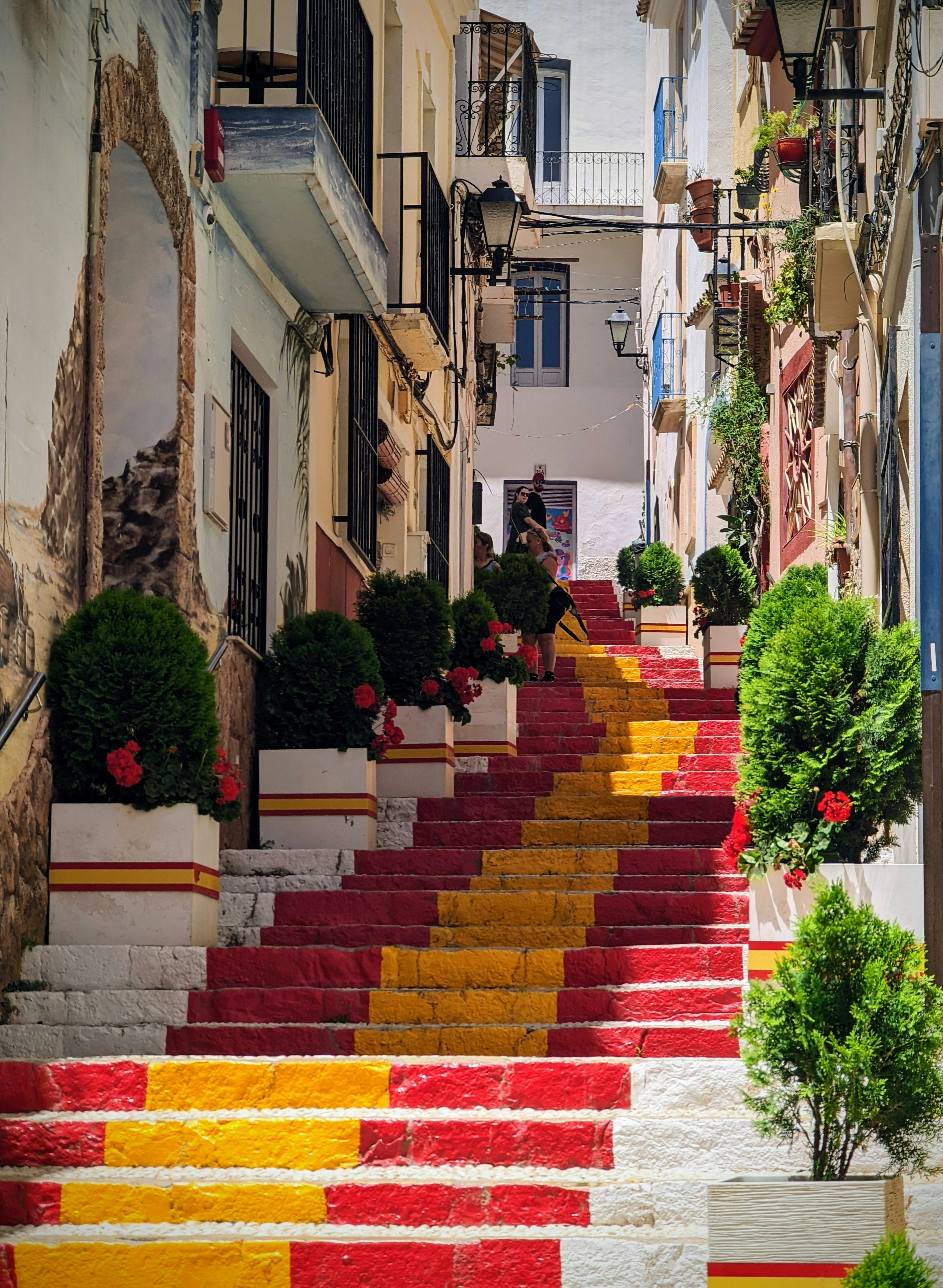 Colorful steps adorned with potted plants lead up a charming alleyway, framed by quaint buildings and vibrant flora.