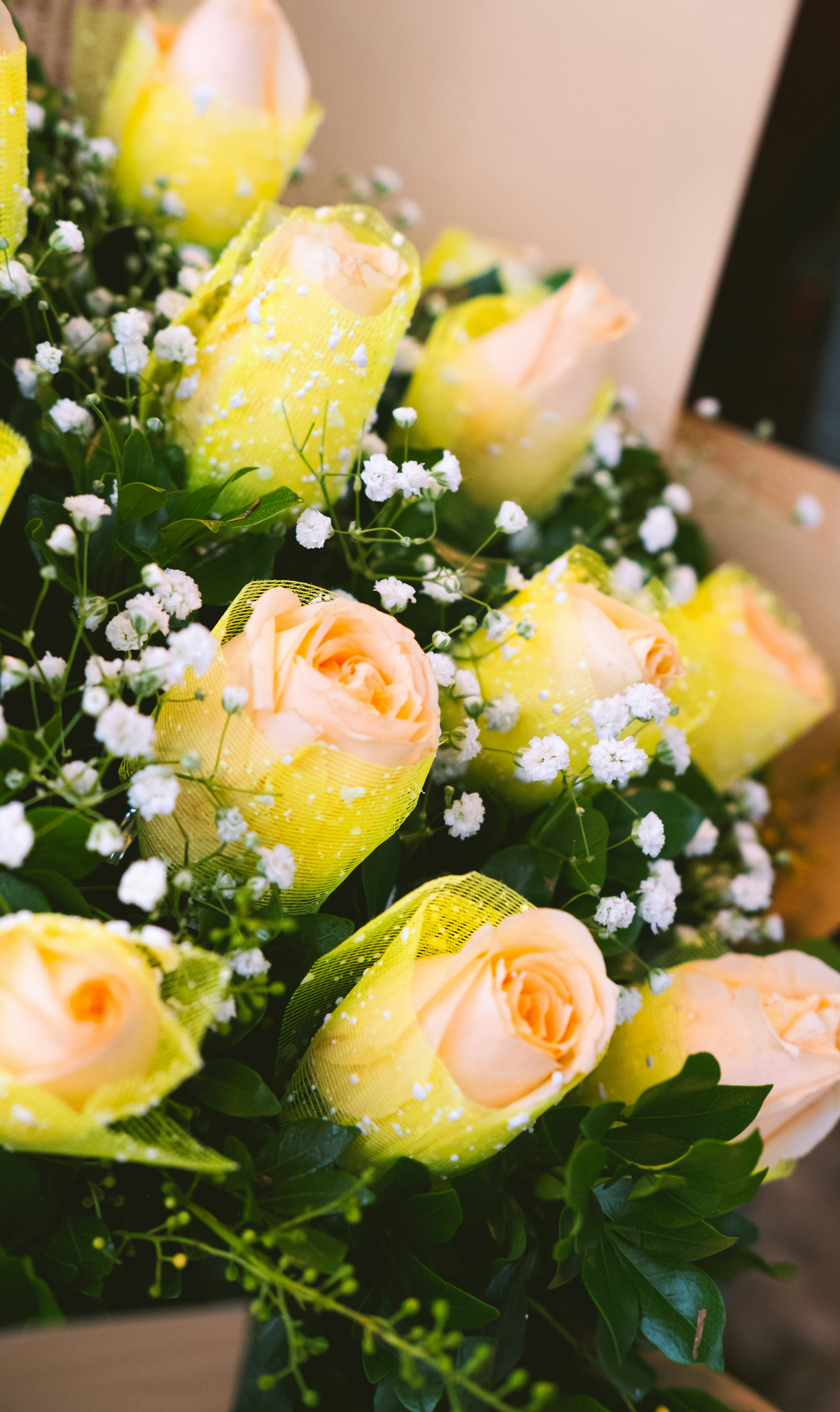 A bouquet of yellow roses with baby's breath photo – Free Flower Image ...