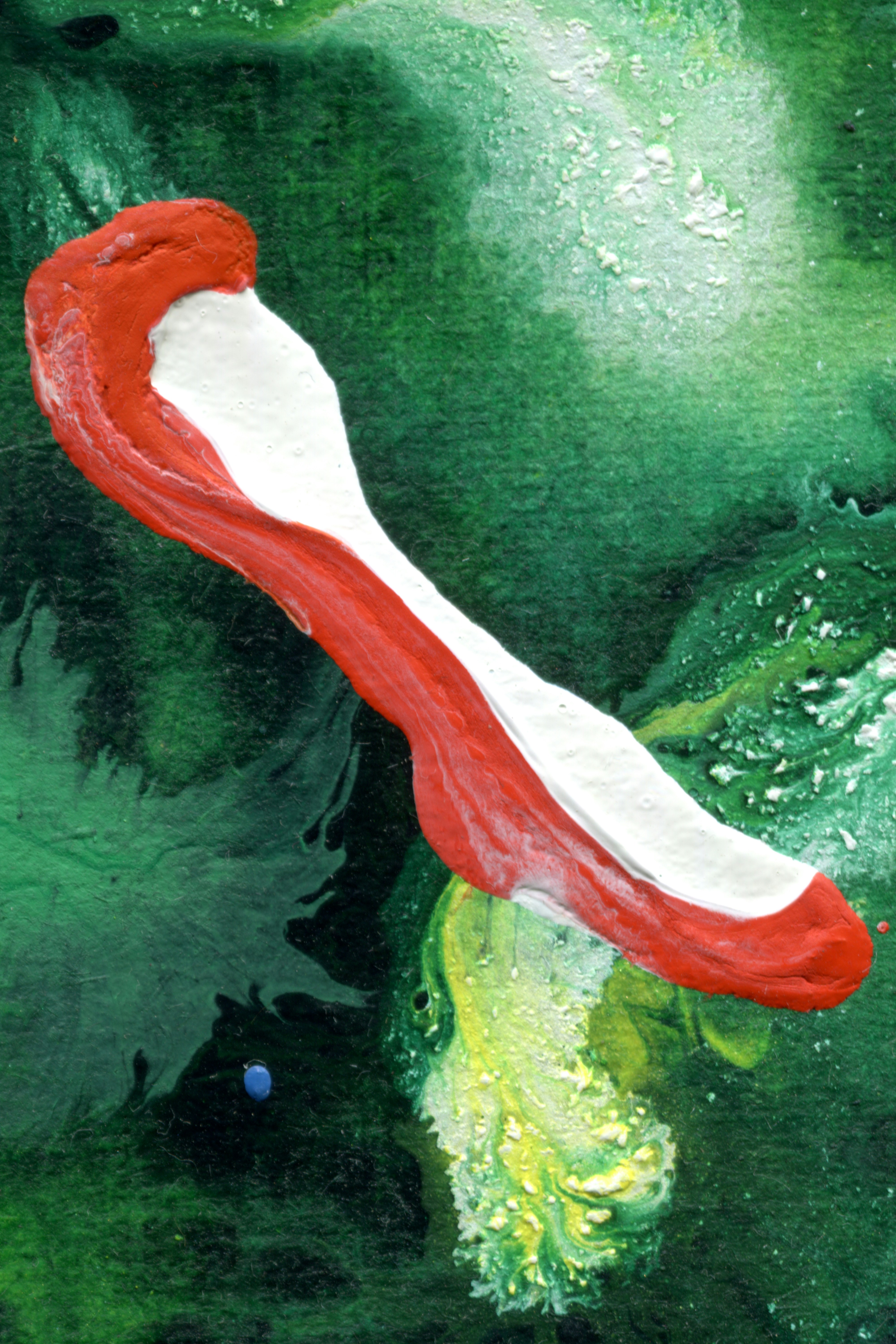 Abstract painting featuring a bold red and white swirl against a vibrant green background, showcasing the interplay of colors and textures.