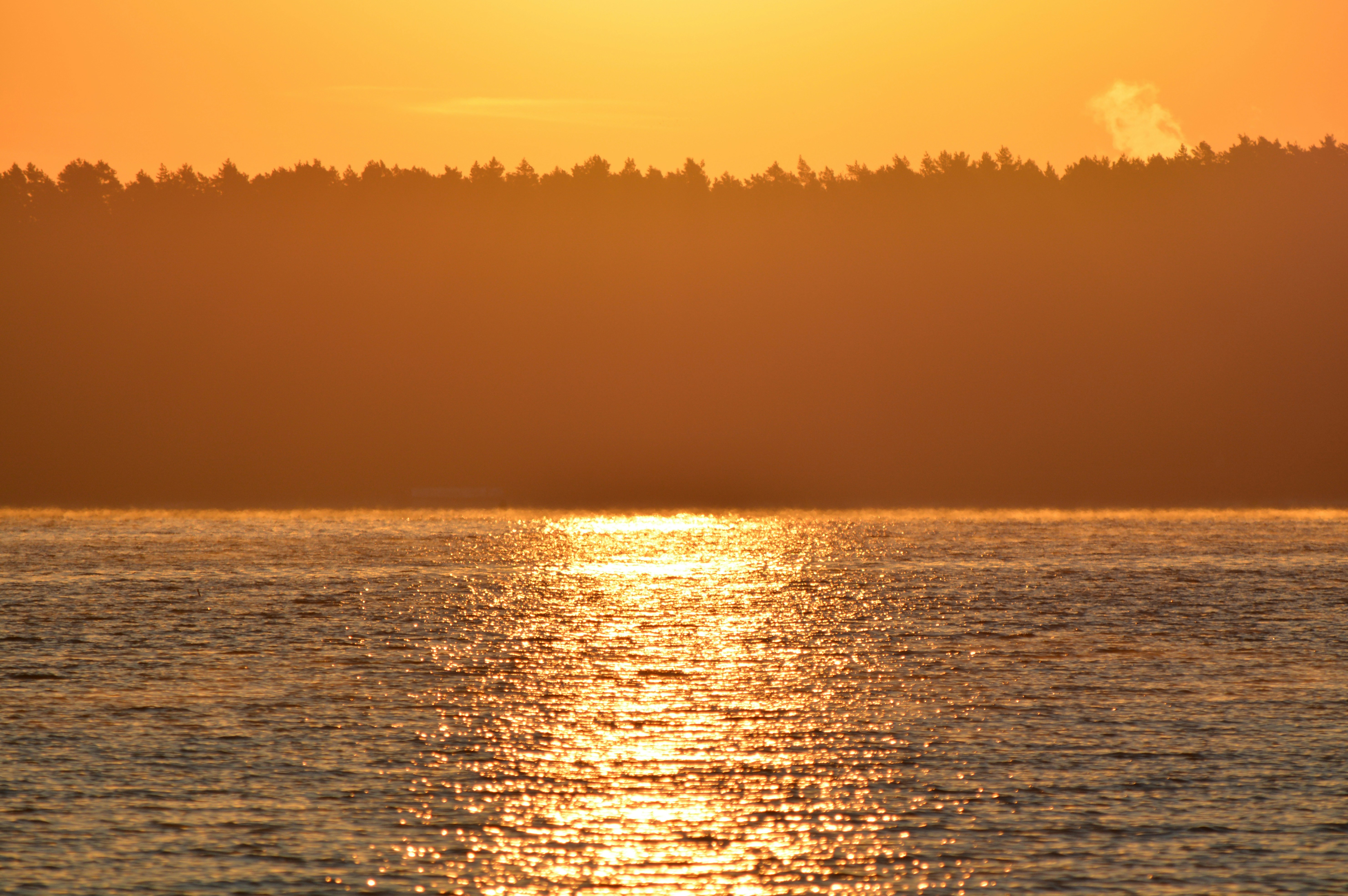 Sunset over a calm lake with a silhouette of distant trees and a glowing orange sky.