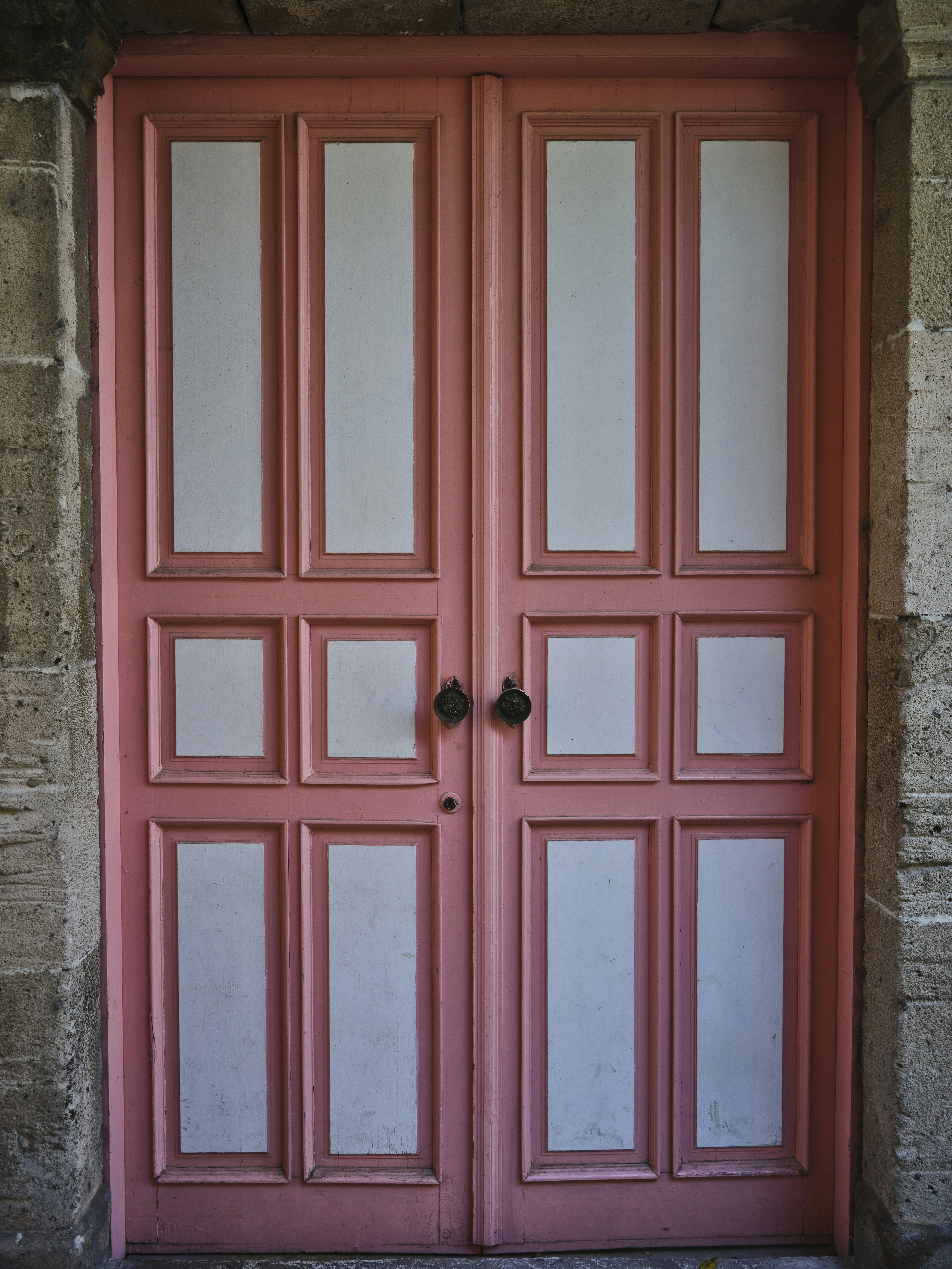 A red double door with frosted glass panels photo – Free Wood Image on ...