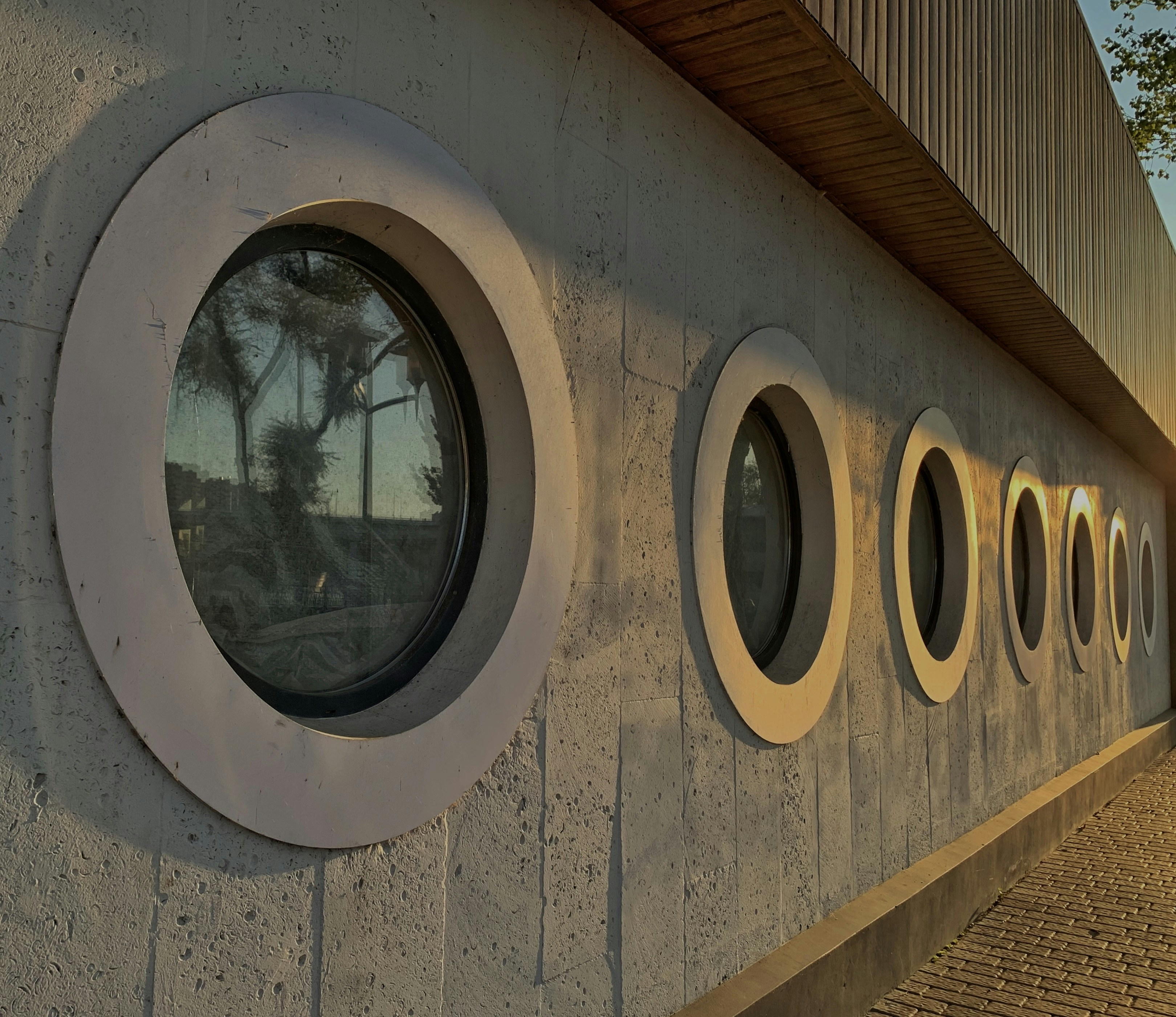 Concrete Circles: A Row of Porthole Windows Along the Sunlit Wall