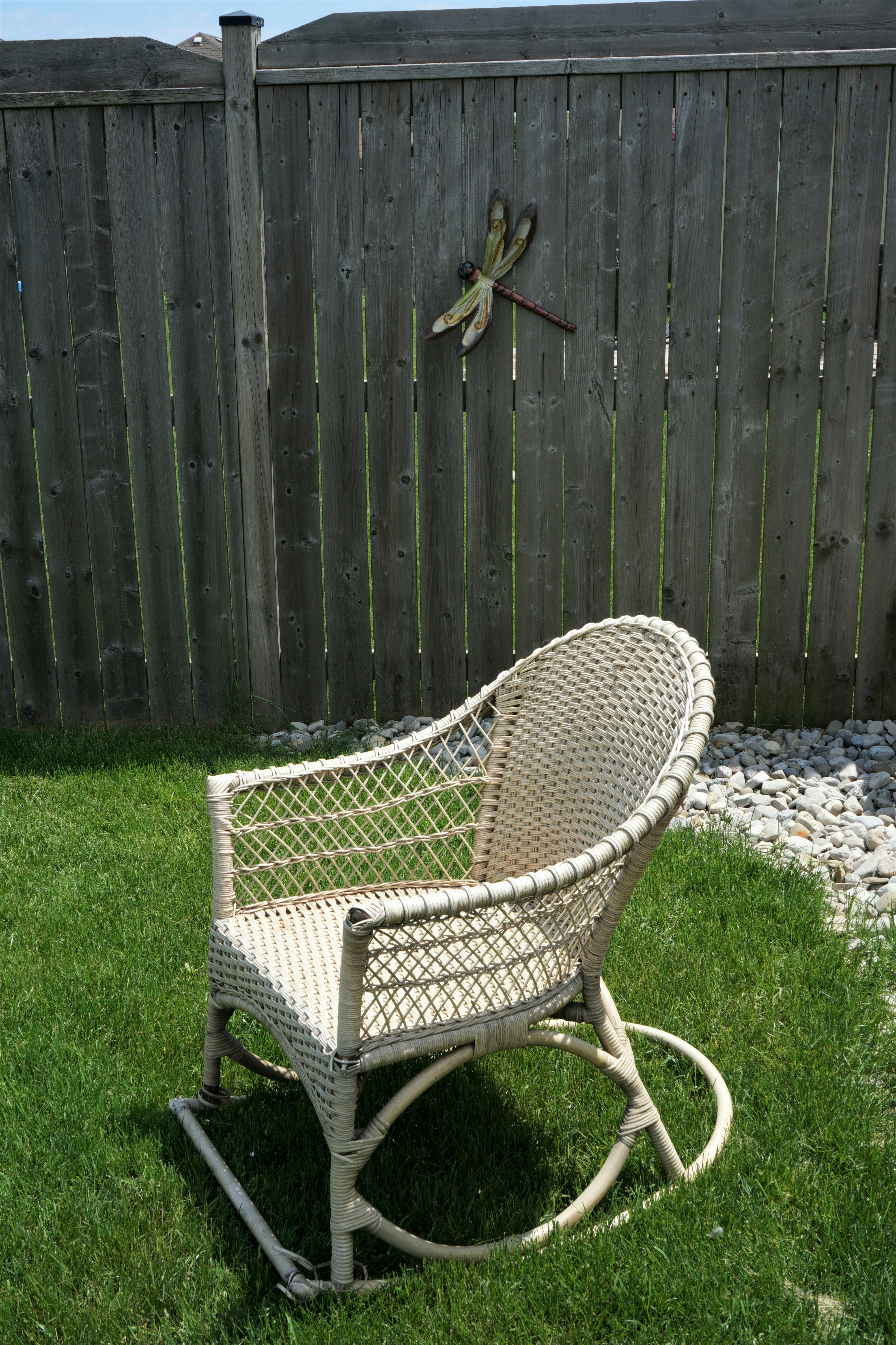 Sunlit Wicker Rocker Anchors a Quiet Backyard