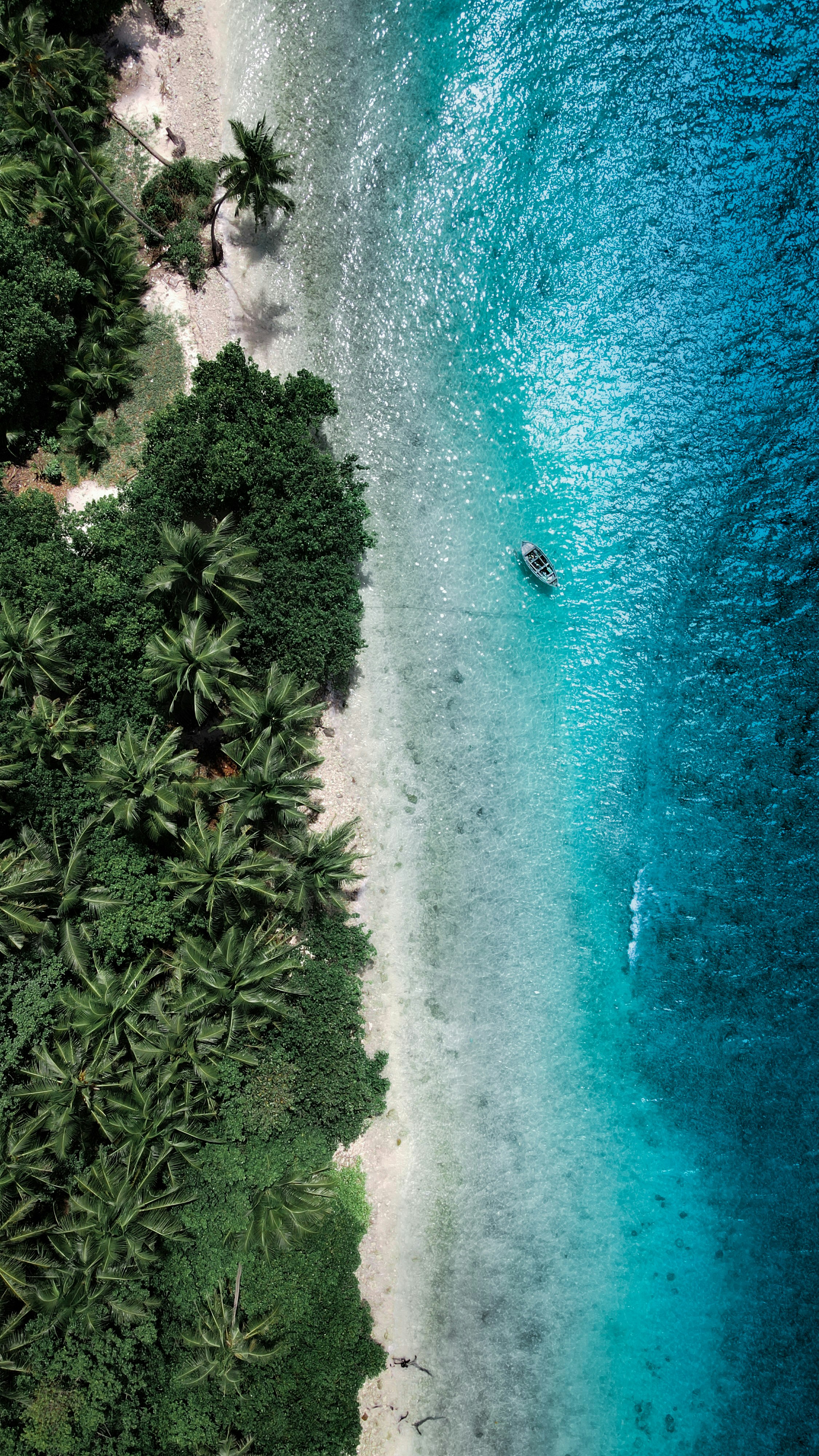 Una vista aérea de una playa con un barco en el agua foto – Imagen de ...
