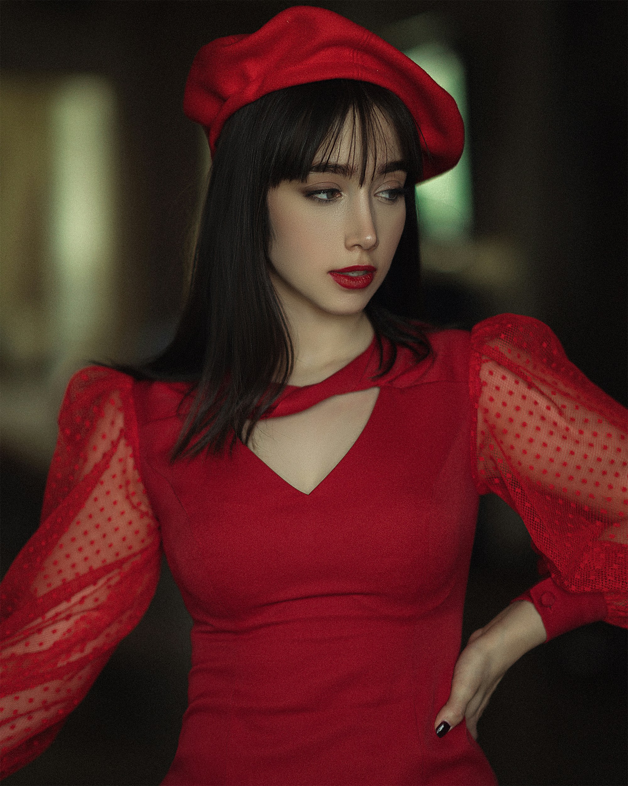 A woman wearing a red dress and a red hat photo – Free Girl face Image ...