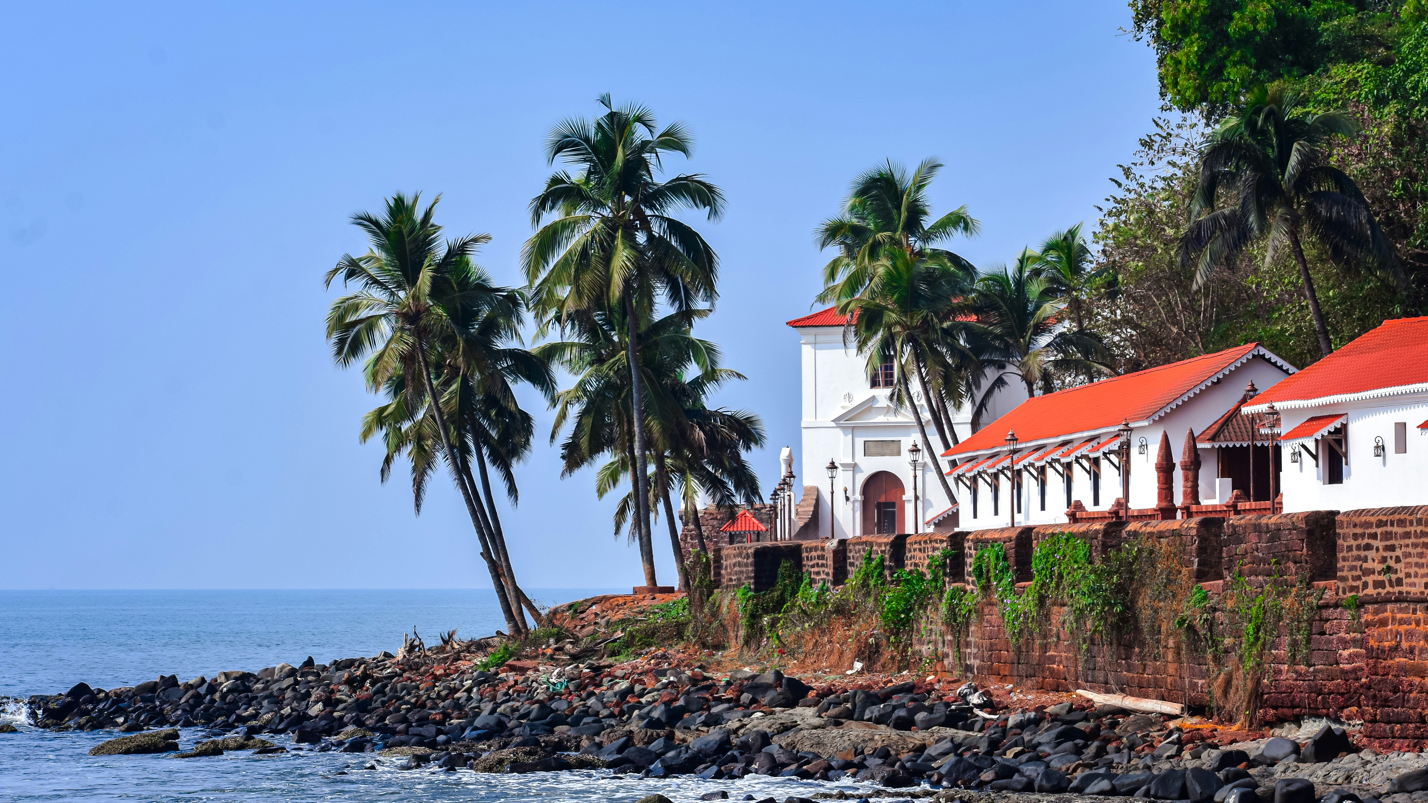 Historic coastal buildings framed by swaying palm trees, overlooking the tranquil sea. The vibrant colors of the architecture contrast beautifully with the natural landscape.