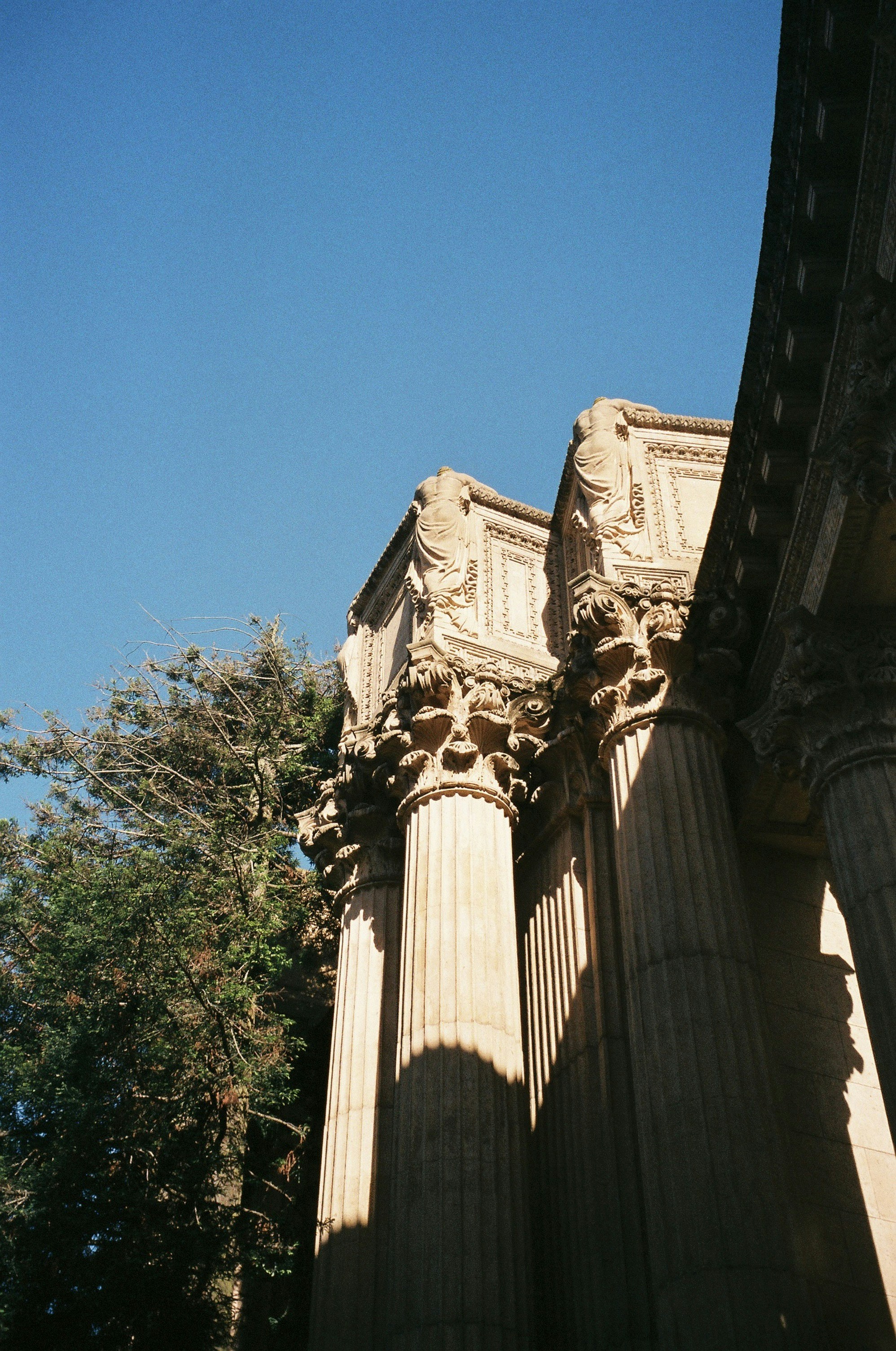Intricate columns and architectural details bathed in sunlight, framed by lush greenery against a clear blue sky.
