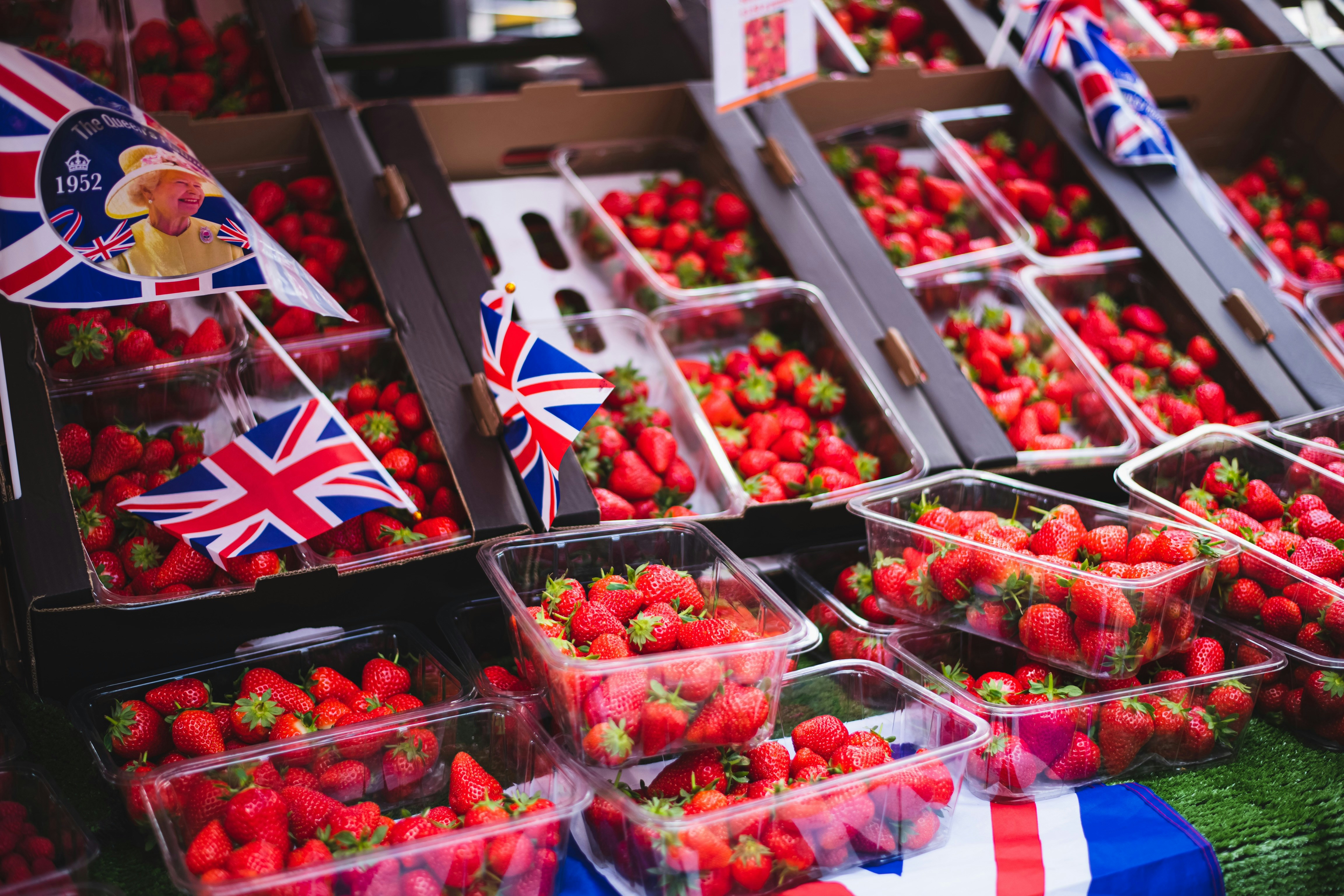 Union Jack Strawberries: Red Berries Under Flag-Lined Bins