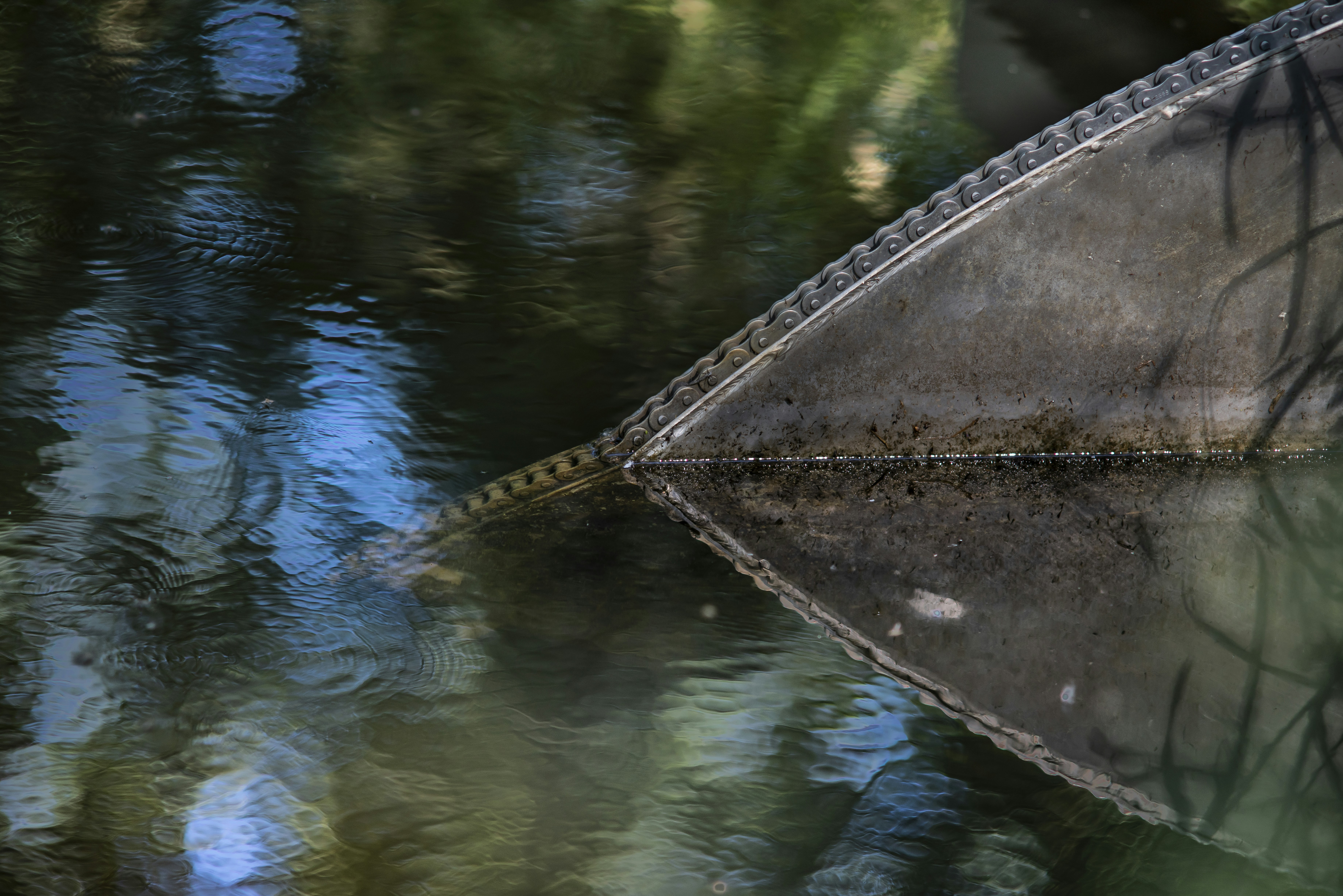 Rivet Ridge: Submerged Hull Framed by Quiet River Reflections