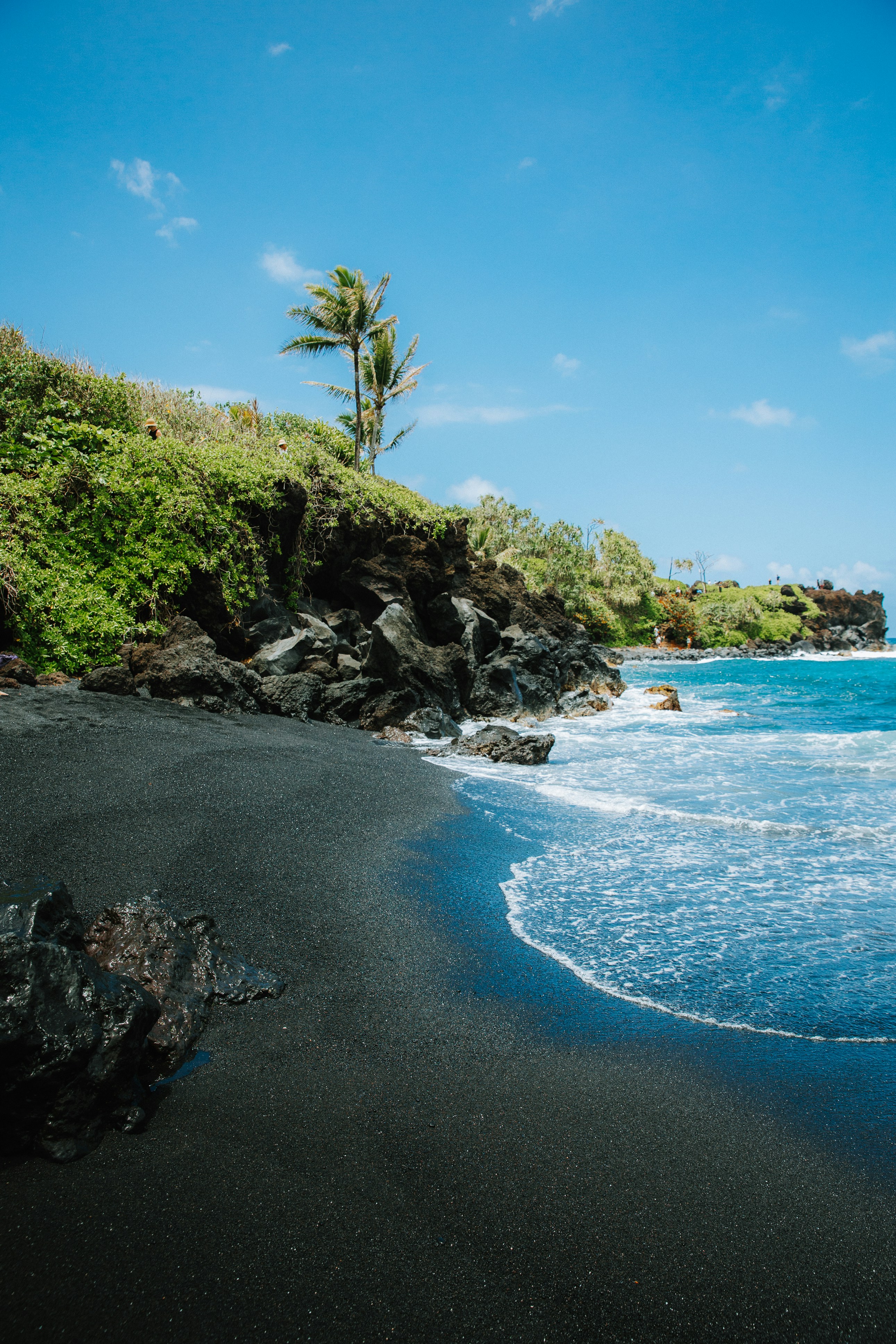 Black sand beach with lush greenery and rocky cliffs, where turquoise waves gently lap the shore under a clear blue sky.