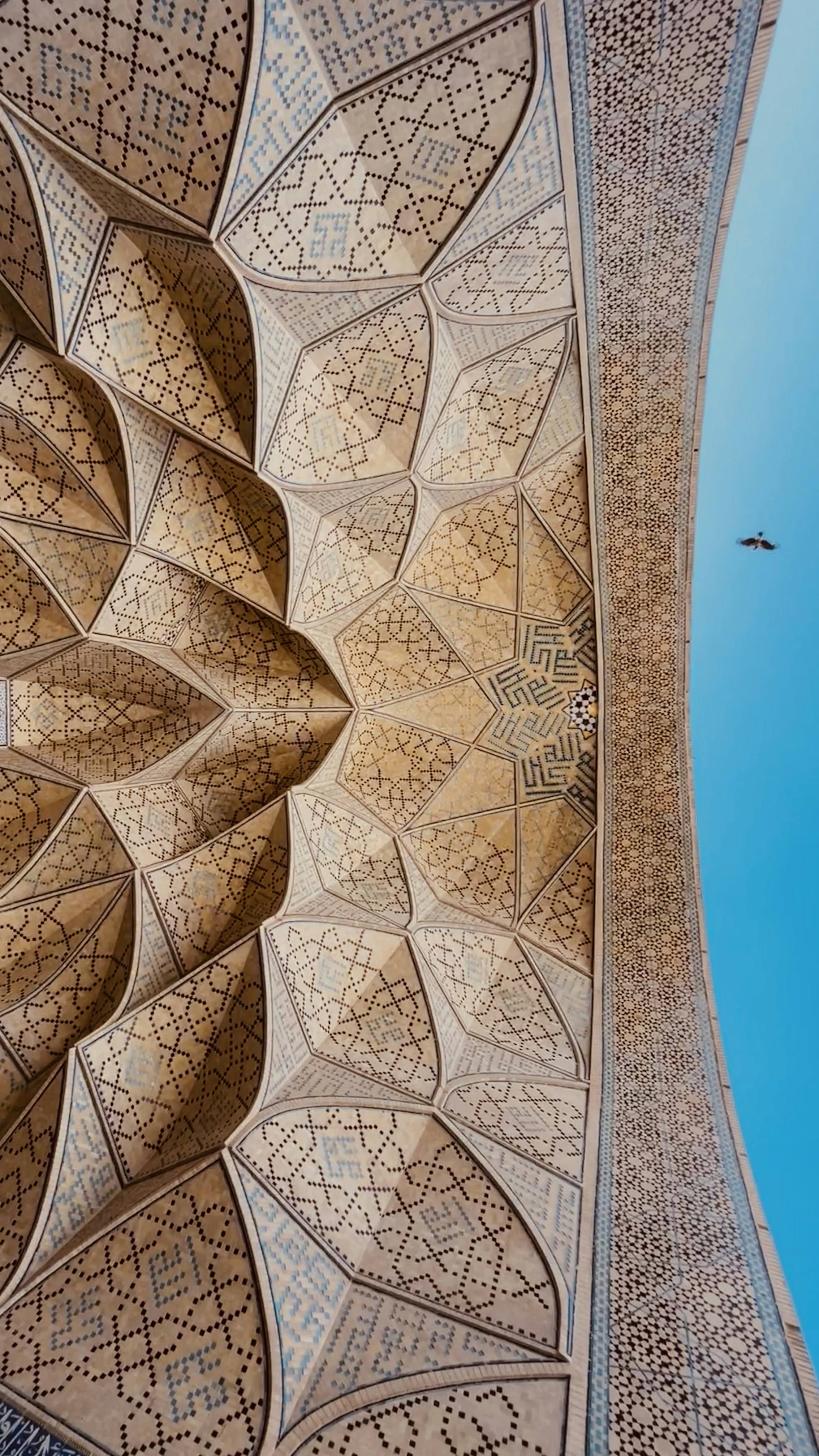 Ornate ceiling featuring geometric patterns and textures, showcasing traditional craftsmanship. A bird flies in the clear blue sky above.