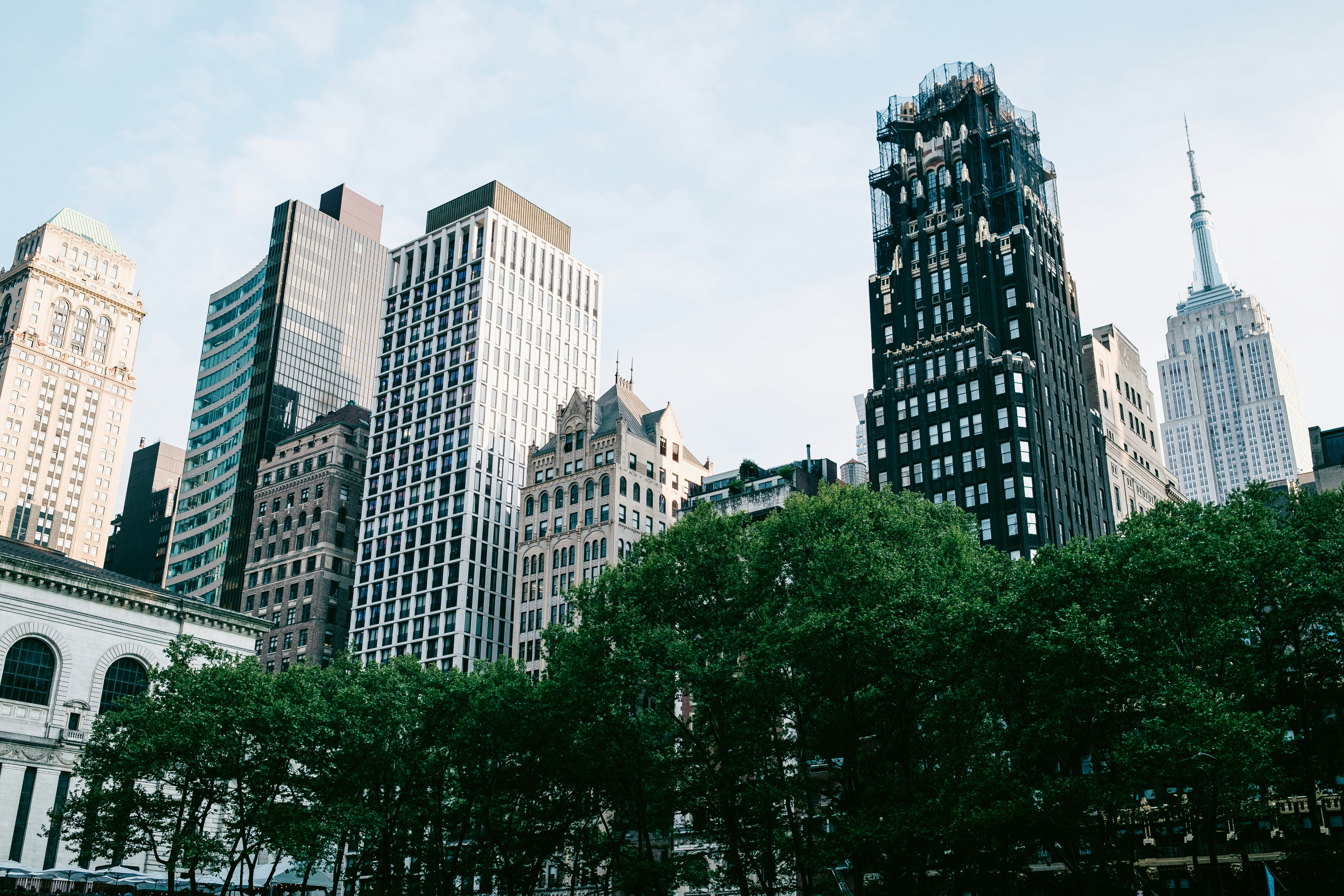 View of towering skyscrapers framed by lush greenery, showcasing the architectural diversity of a vibrant cityscape. The Empire State Building stands prominently among its peers.