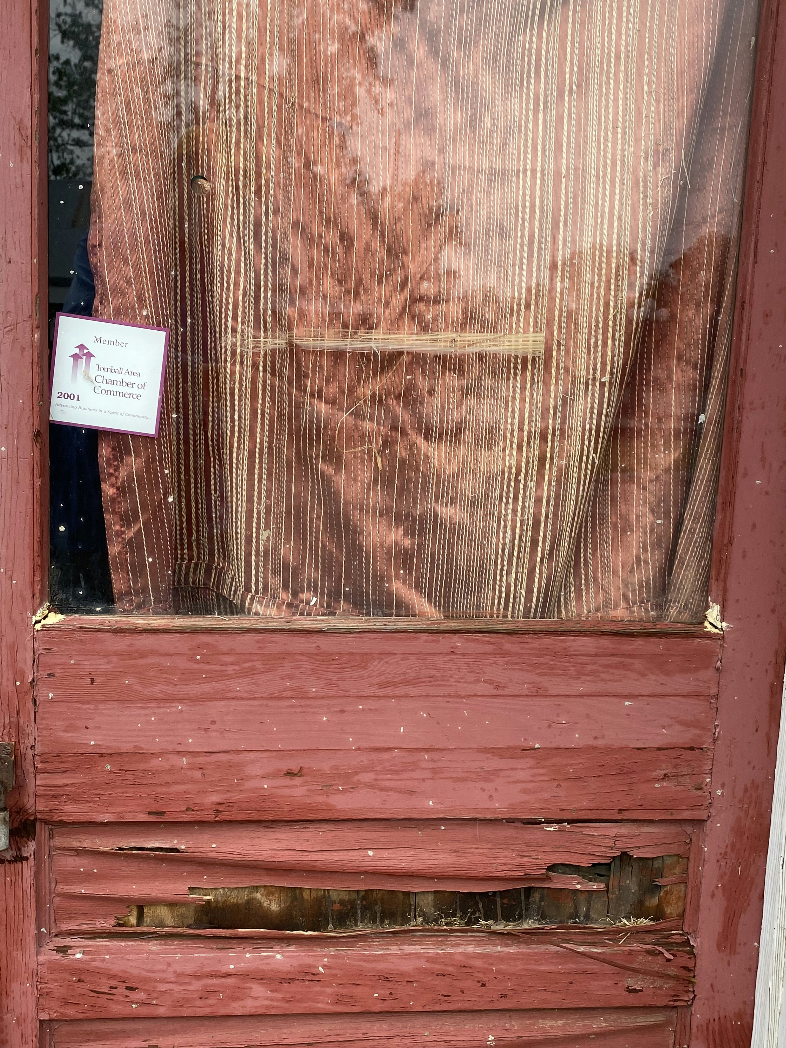 Weathered door with peeling paint and a faded membership plaque, revealing a glimpse of a curtain behind it.