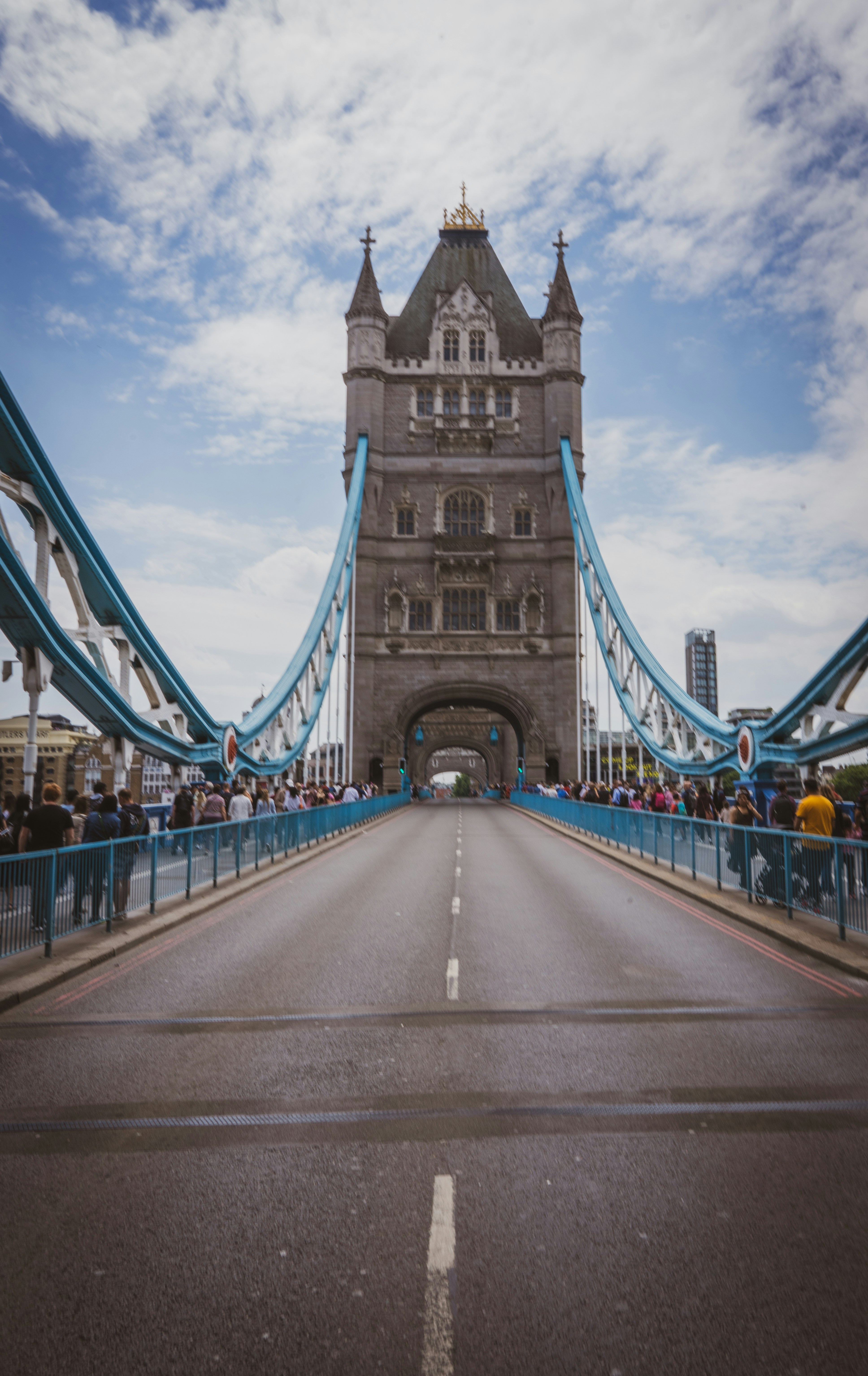 Tower Bridge Central Span: Blue Cables Framing a Pedestrian Corridor