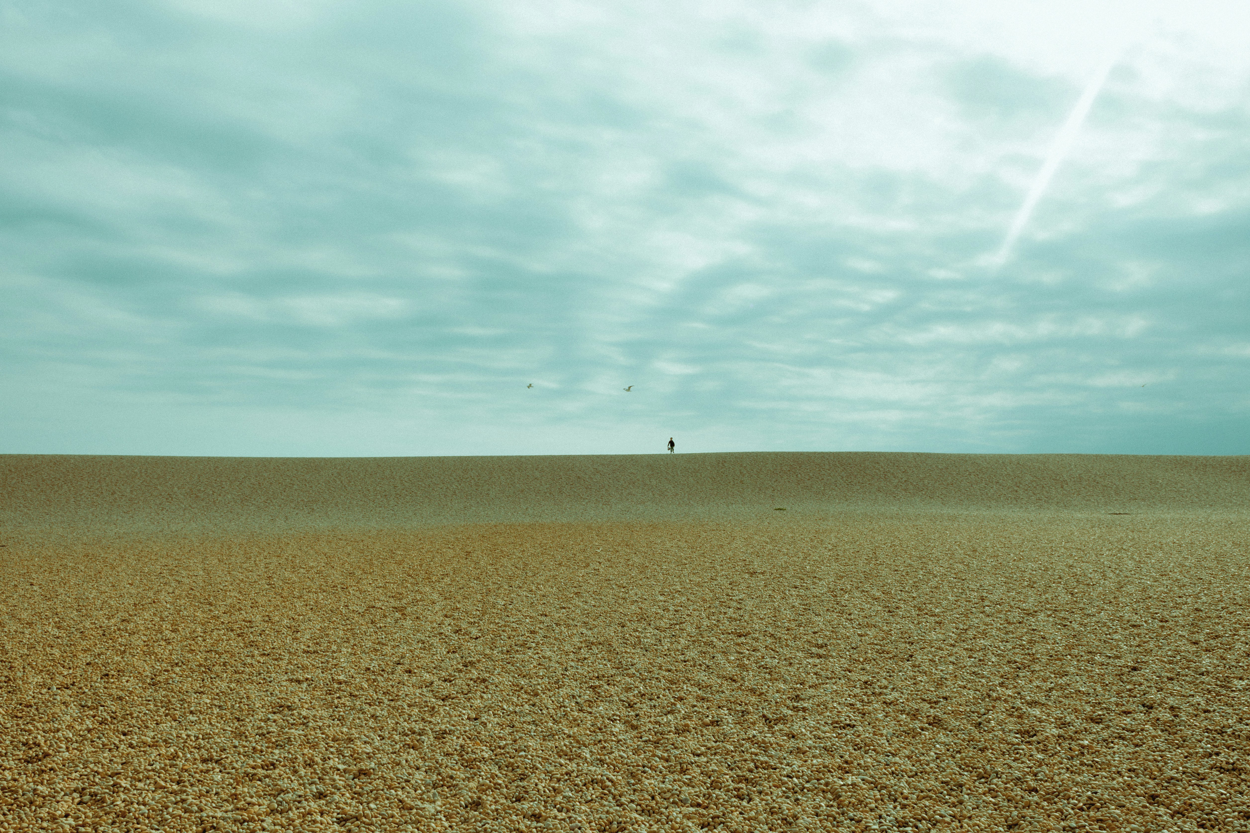 Child walking alone on the expansive pebbly Chesil Beach under a cloudy sky.
