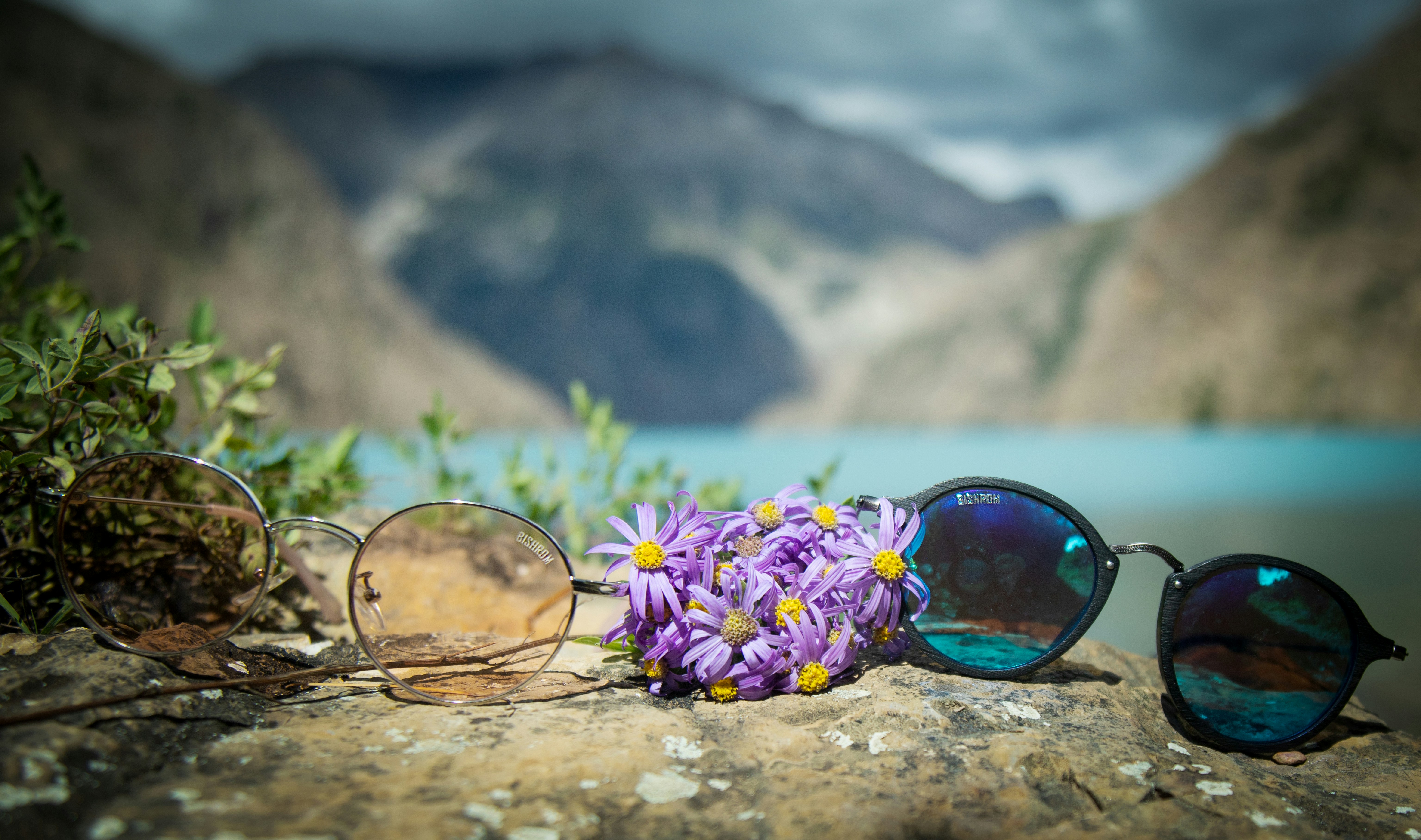 Violet Bloom and Sunglass Silhouette at a Turquoise Alpine Lake