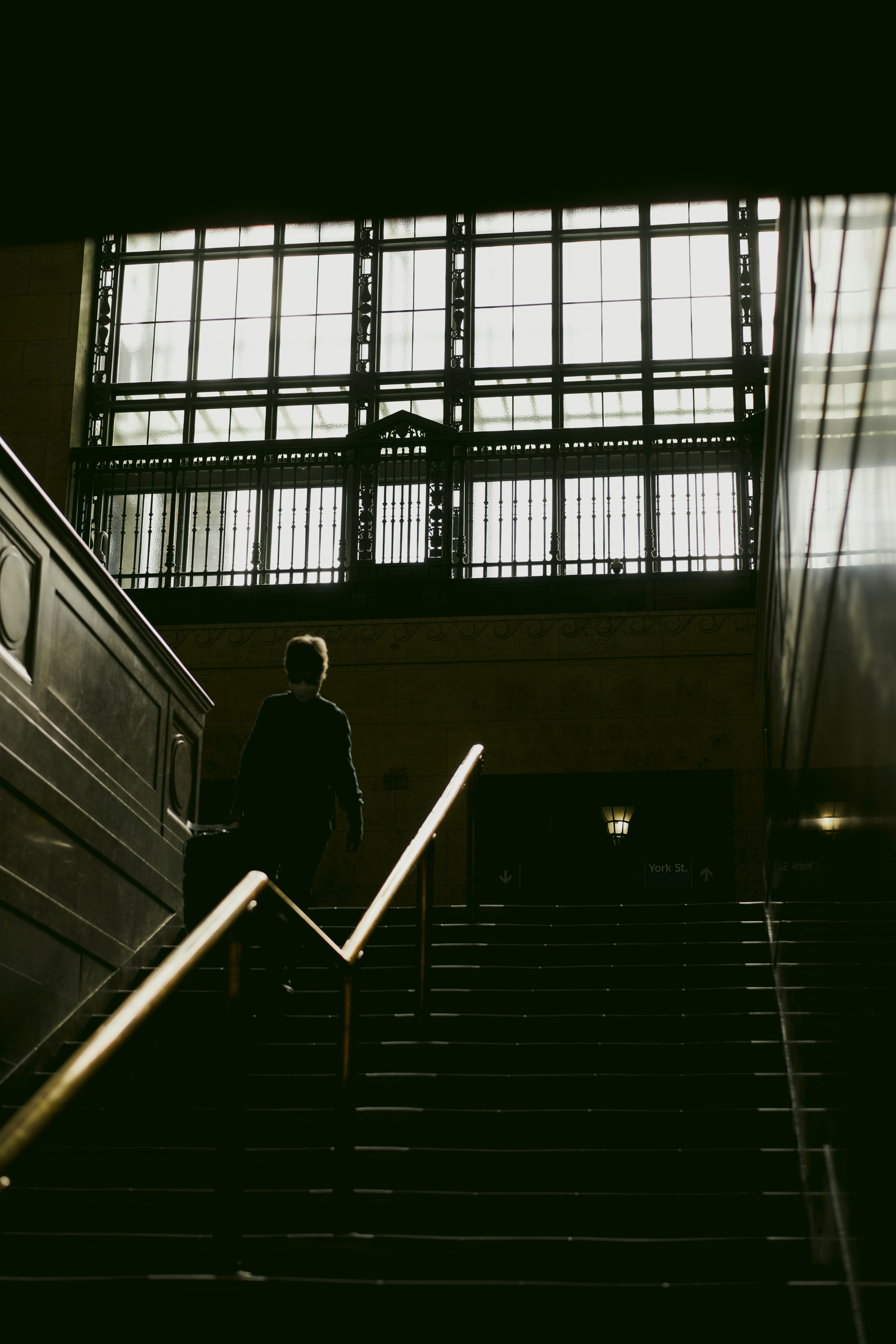 Lone Figure on a Staircase Beneath a Glass Grid