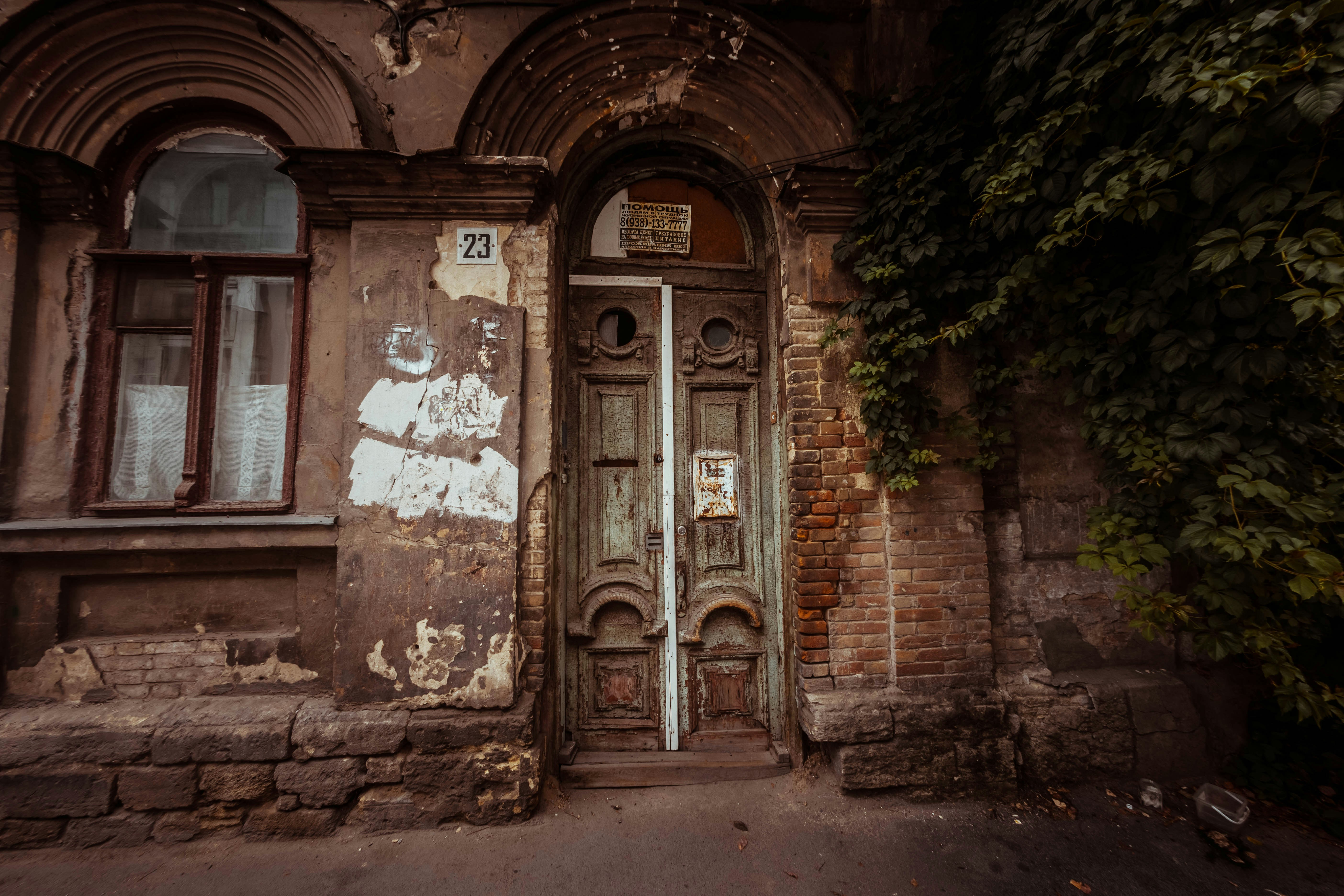 Threshold of Decay: A Weathered Door Framed by Ivy and Brick
