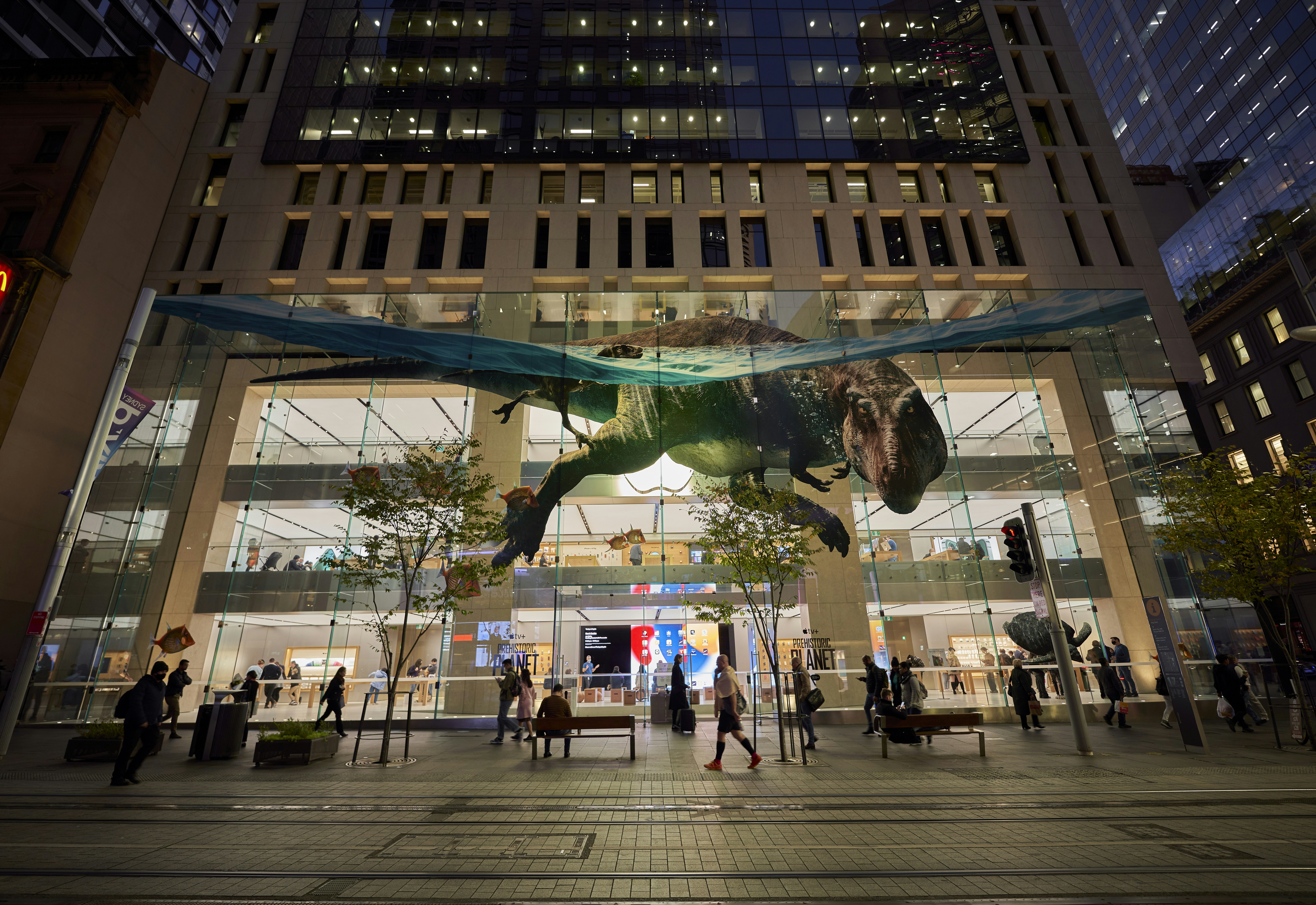 Skybound Dragon Draped in Blue Over the City Atrium