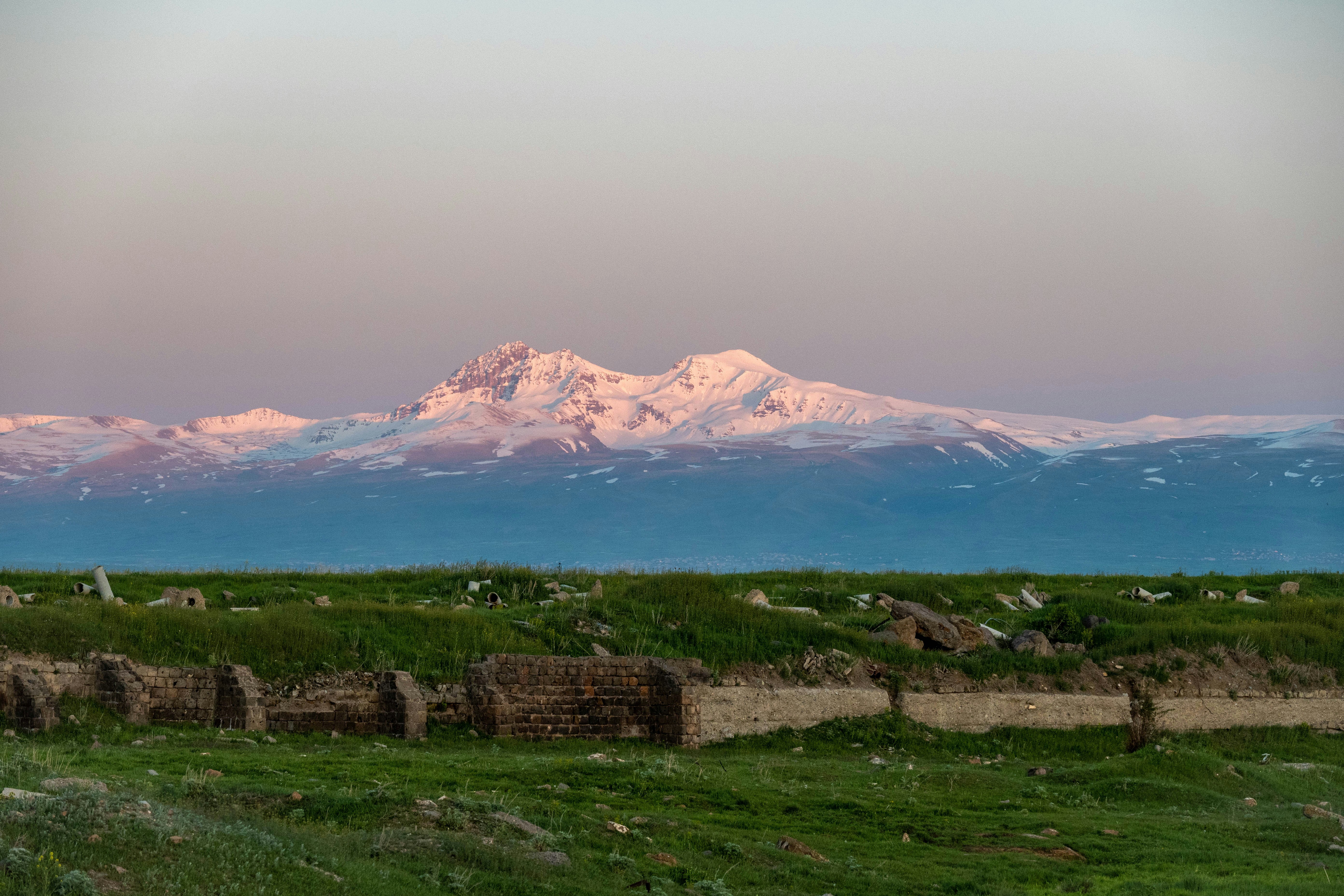 View of Mount Aragats from the southern outskirts of the village of Maisyan, located one kilometer north of Gyumri