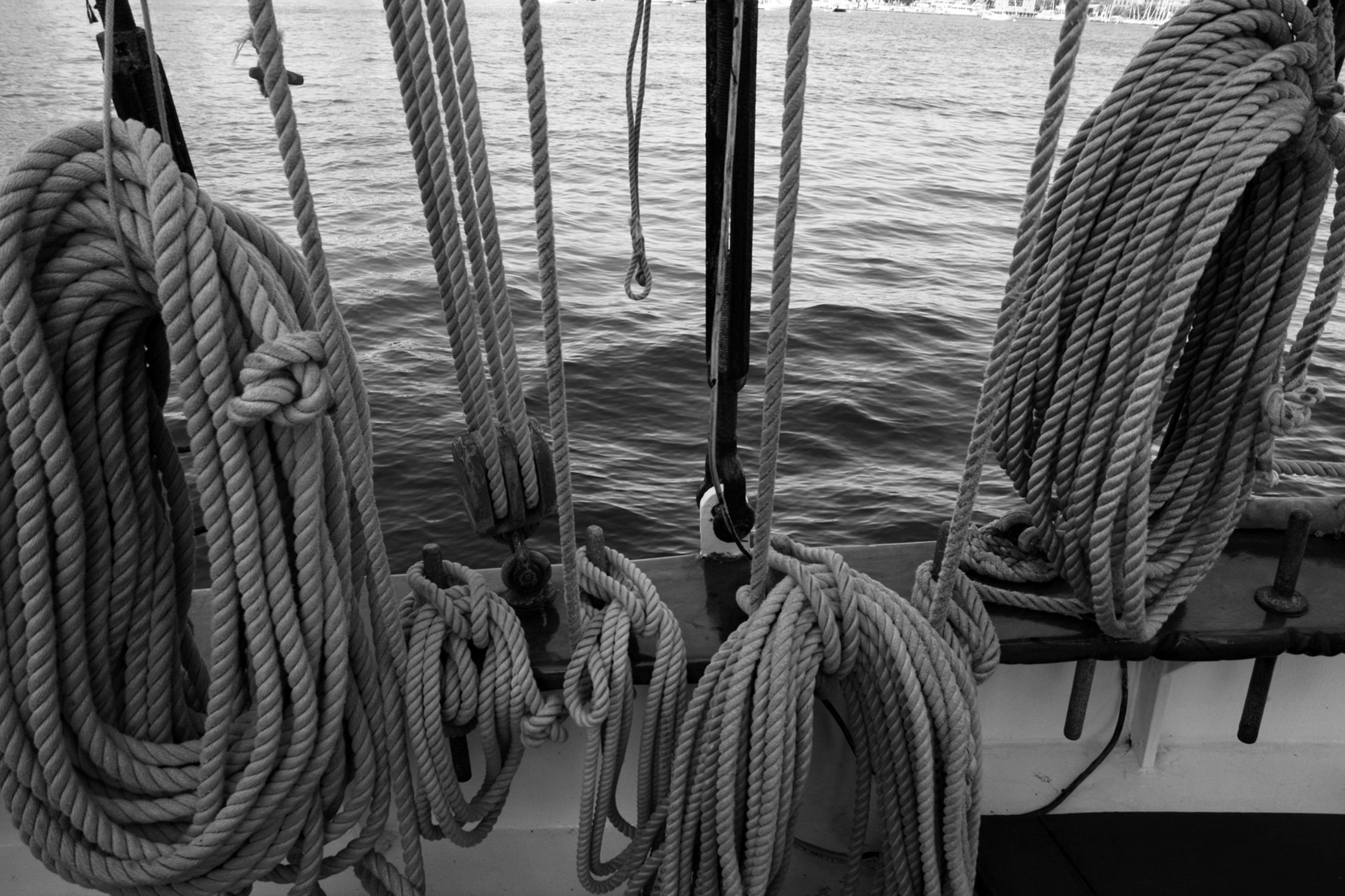 A black and white photo of ropes on a boat photo – Free Grey Image on ...