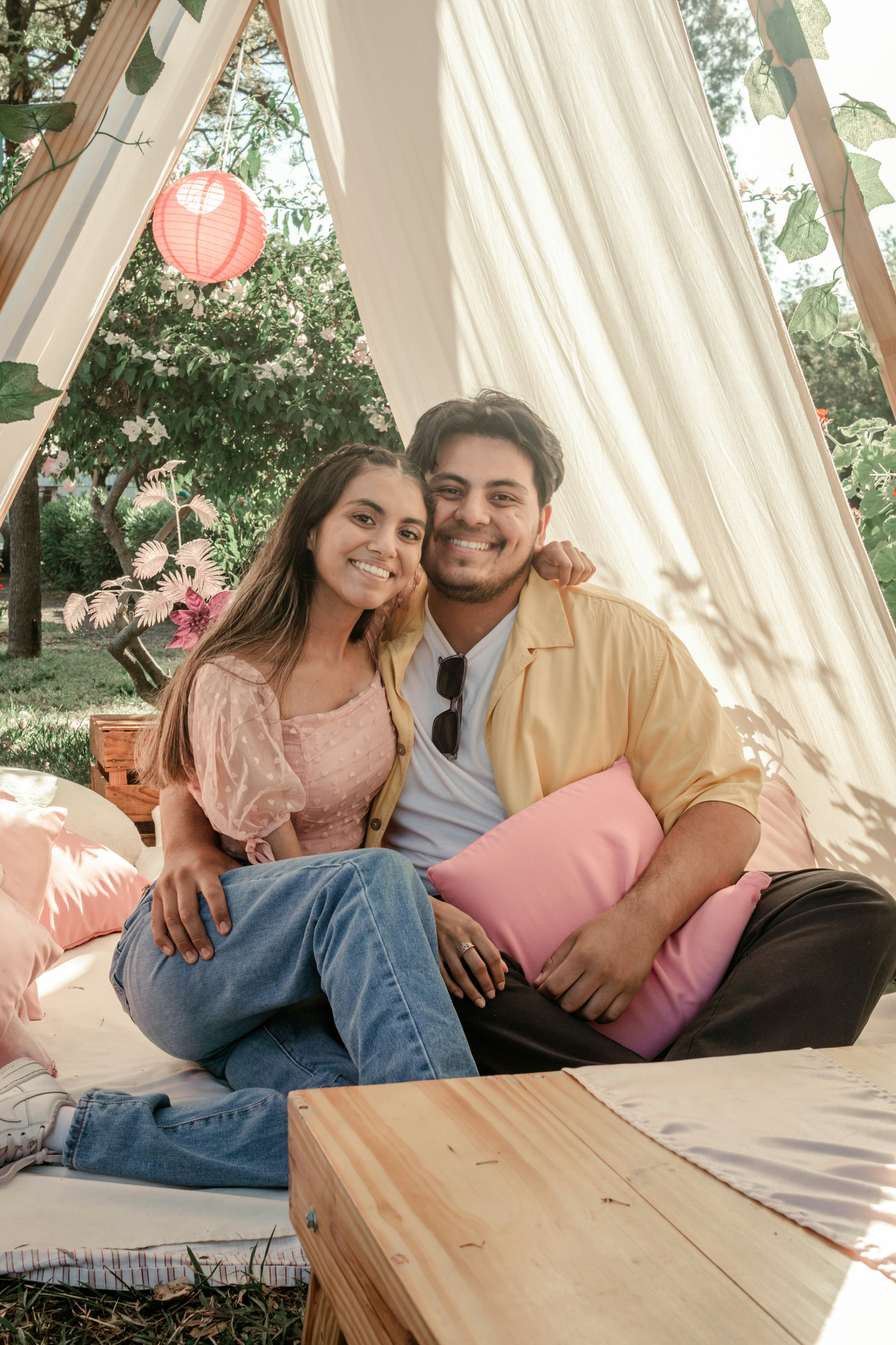 Cozy confetti of sunlit smiles under a pastel canopy