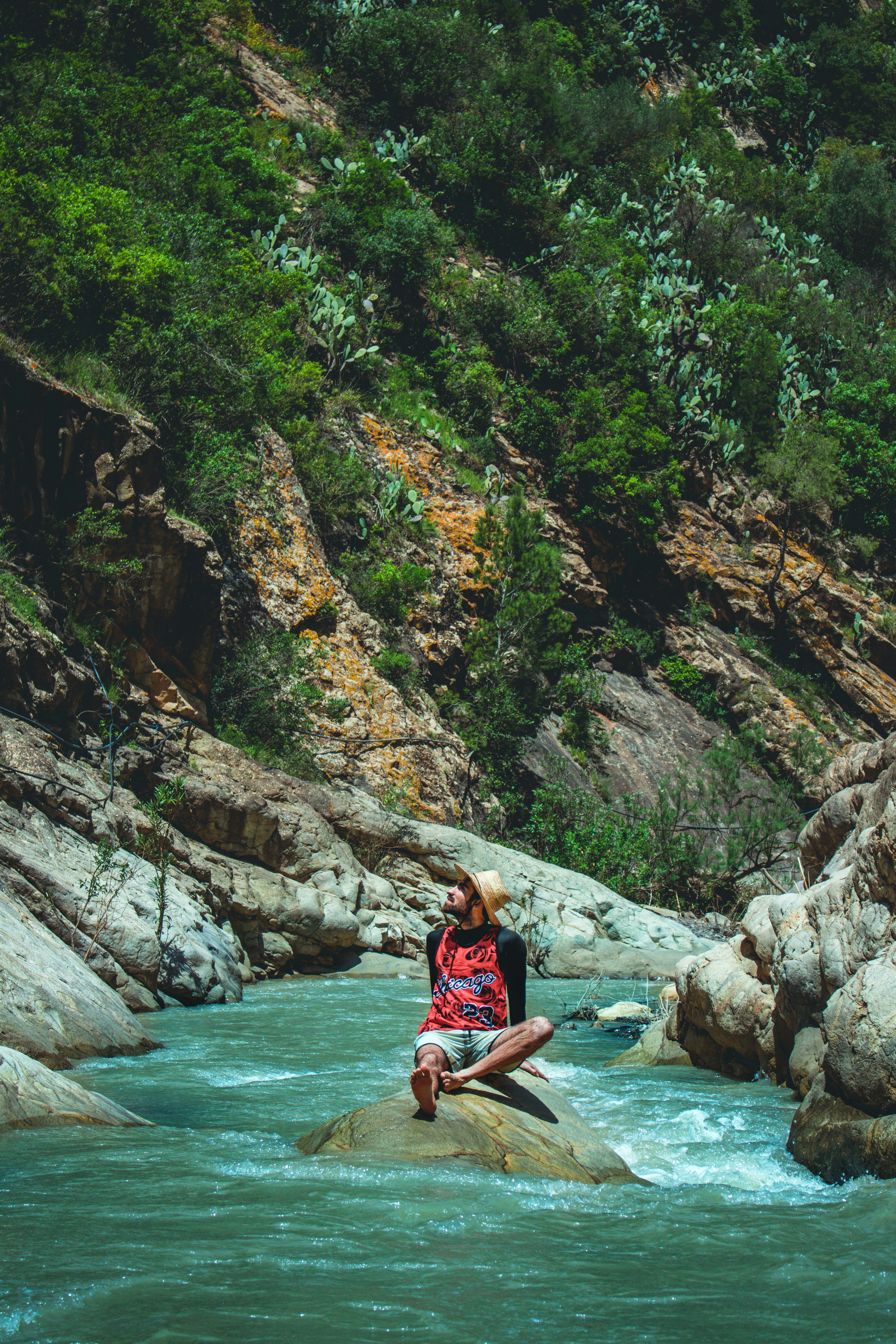 Person seated on a rock amidst a flowing turquoise stream surrounded by lush greenery and rugged cliffs.