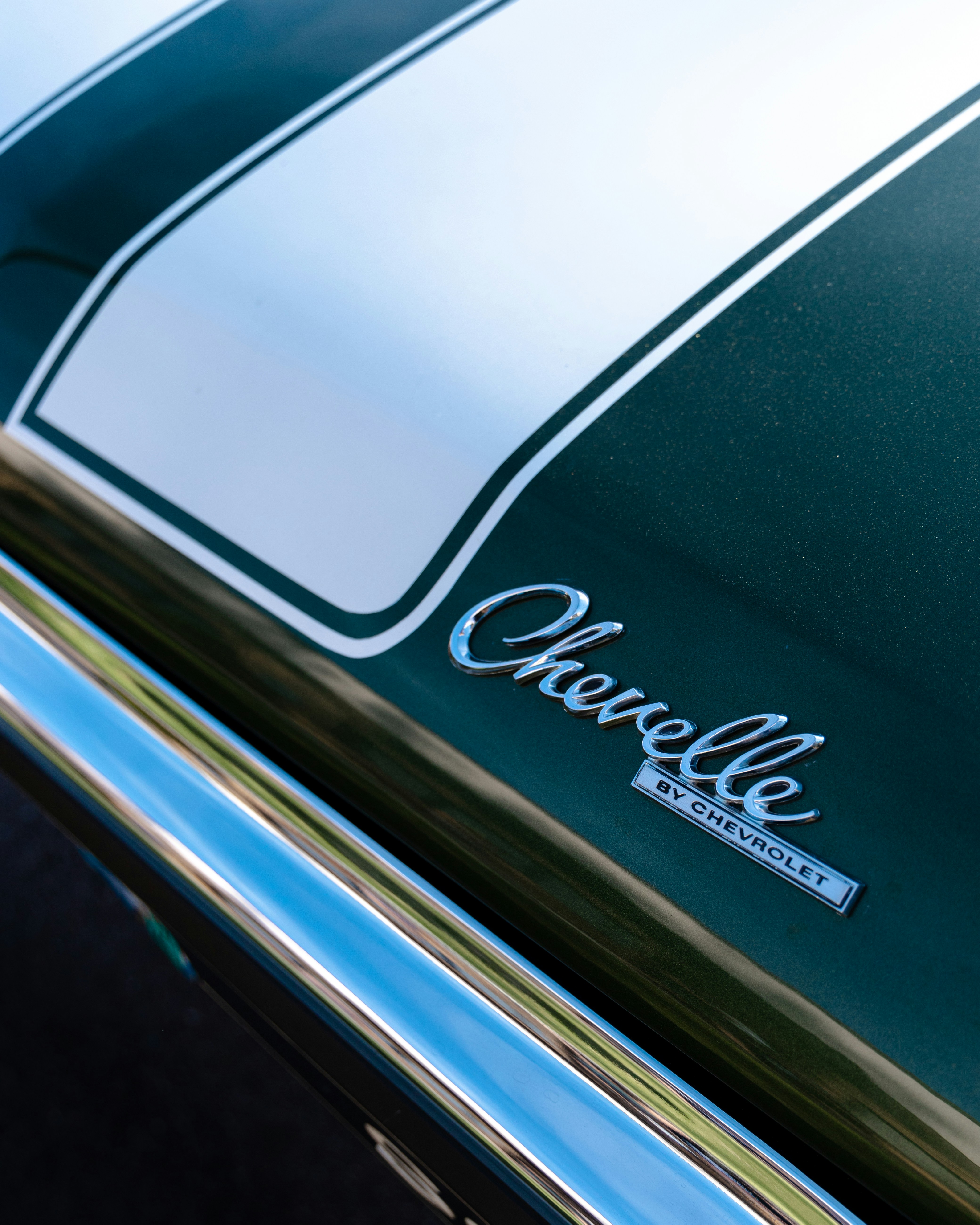 a close up of a green and white classic car