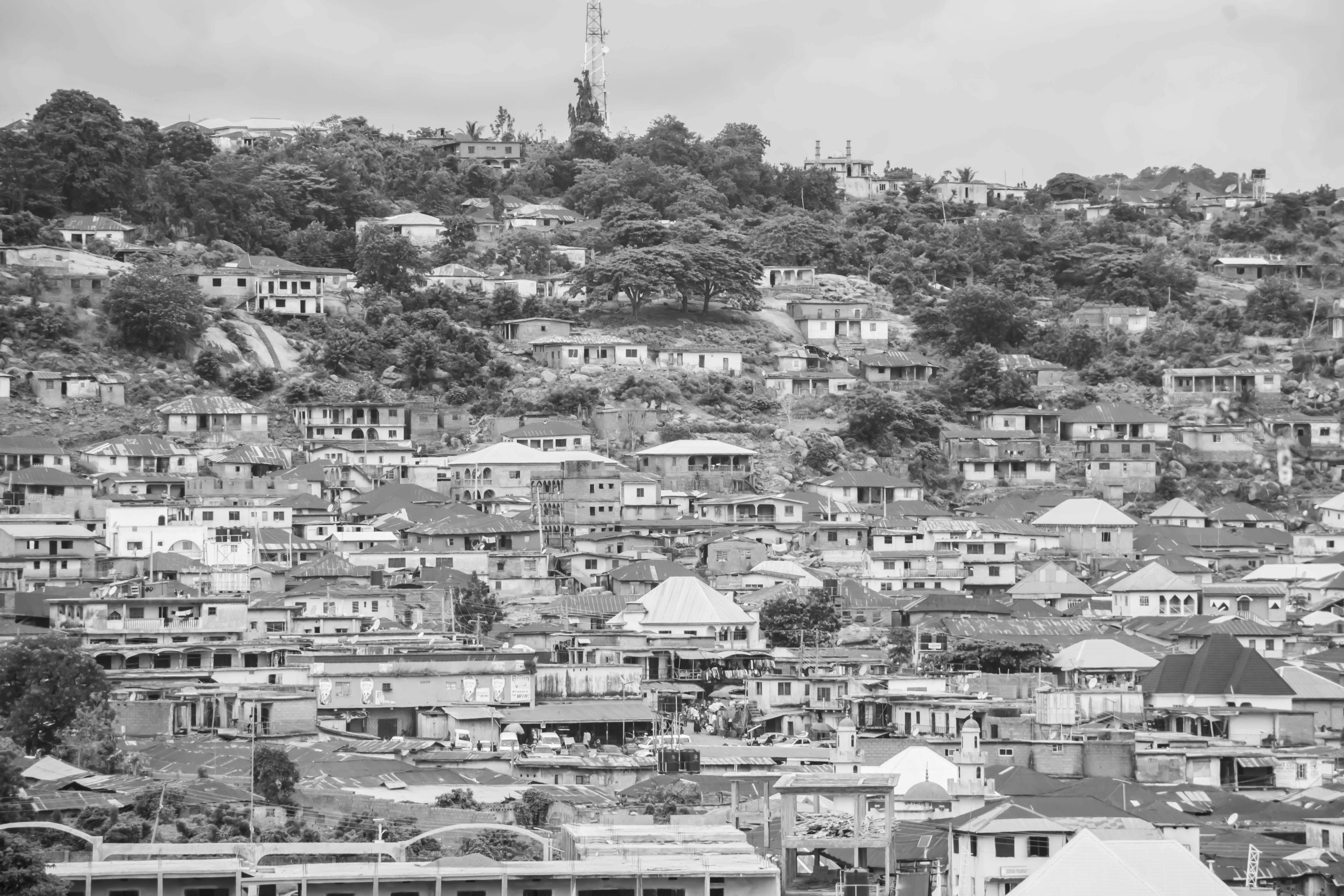 Shaded Steps: A grayscale panorama of a hillside town