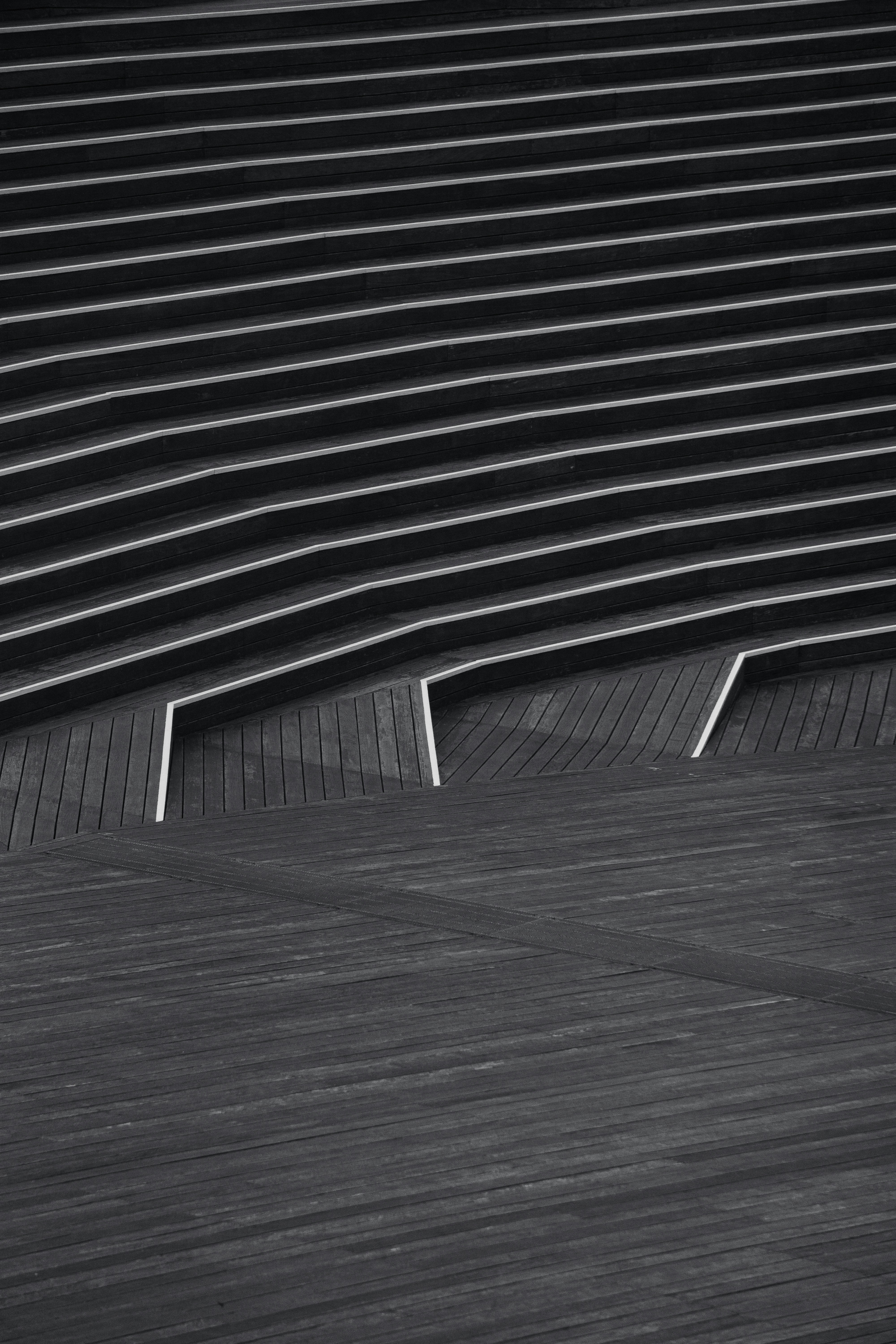 Parallel Ridges: Curved Wooden Steps in Monochrome
