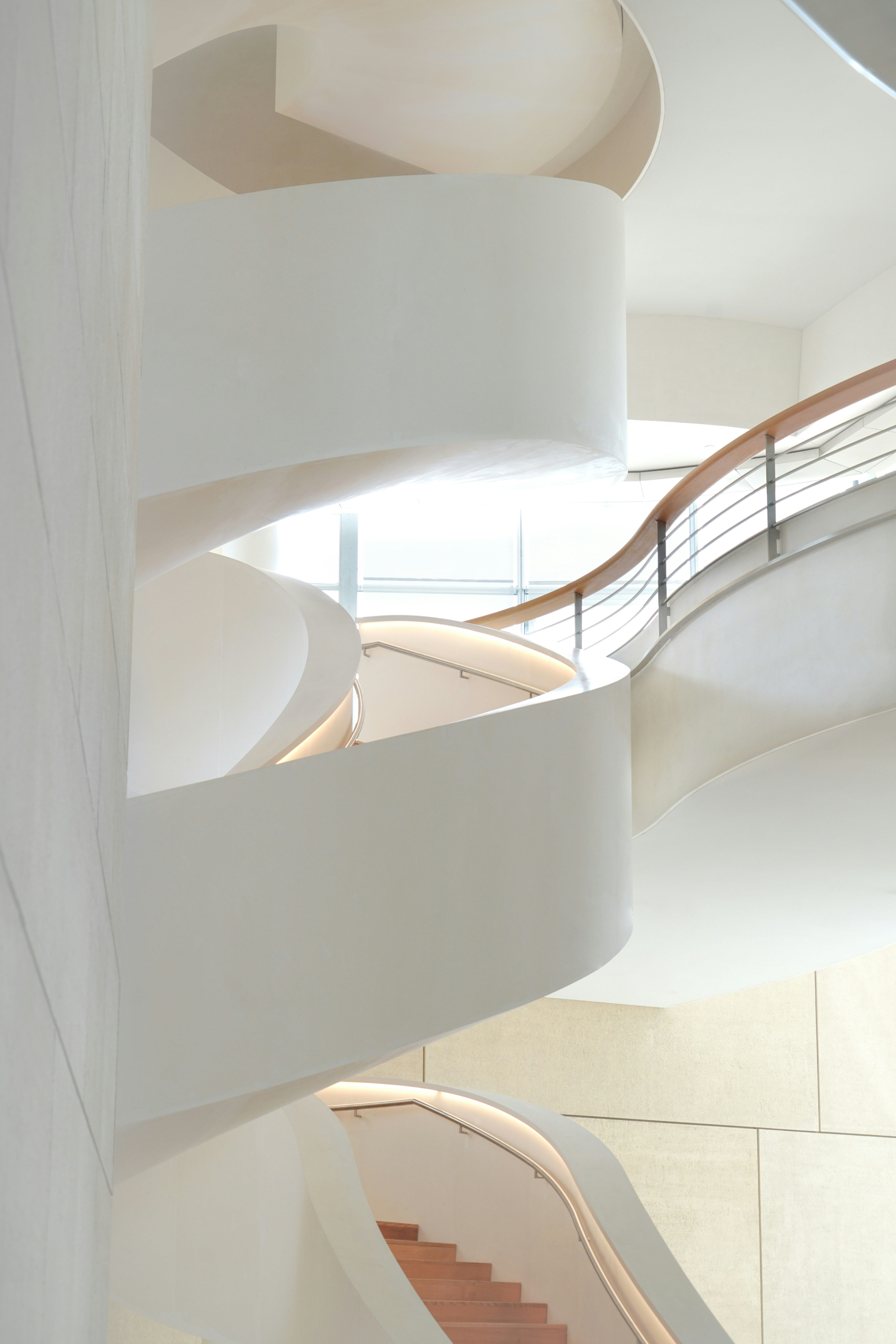 A gracefully spiraling staircase with smooth white walls and wooden accents, illuminated by natural light filtering through large windows.